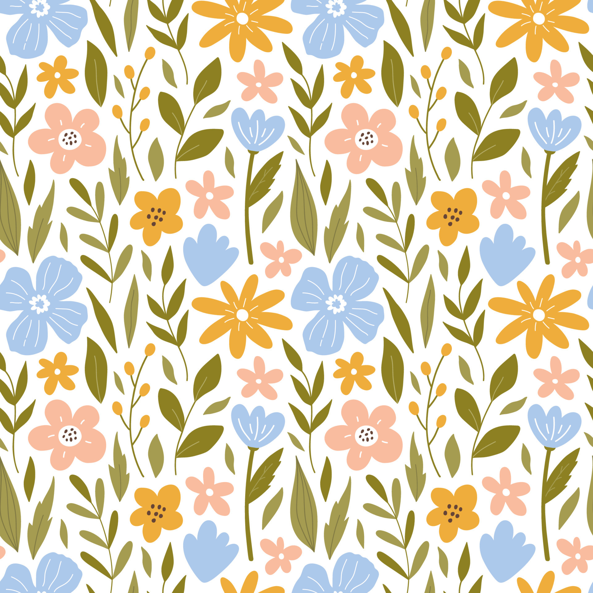 Botanical seamless pattern with meadow flowers, leaves and branches ...