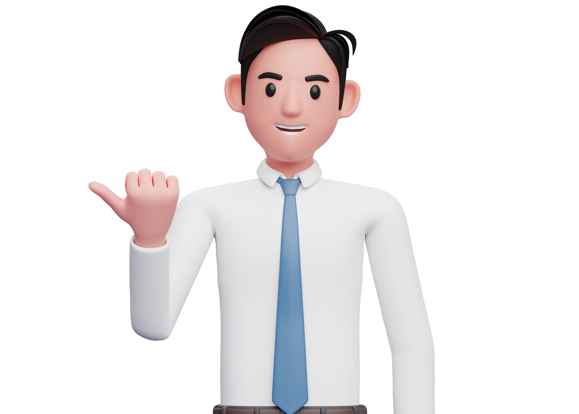 Businessman In White Shirt Blue Tie Pointing With Thumb Aside Looking At The Camera 3d