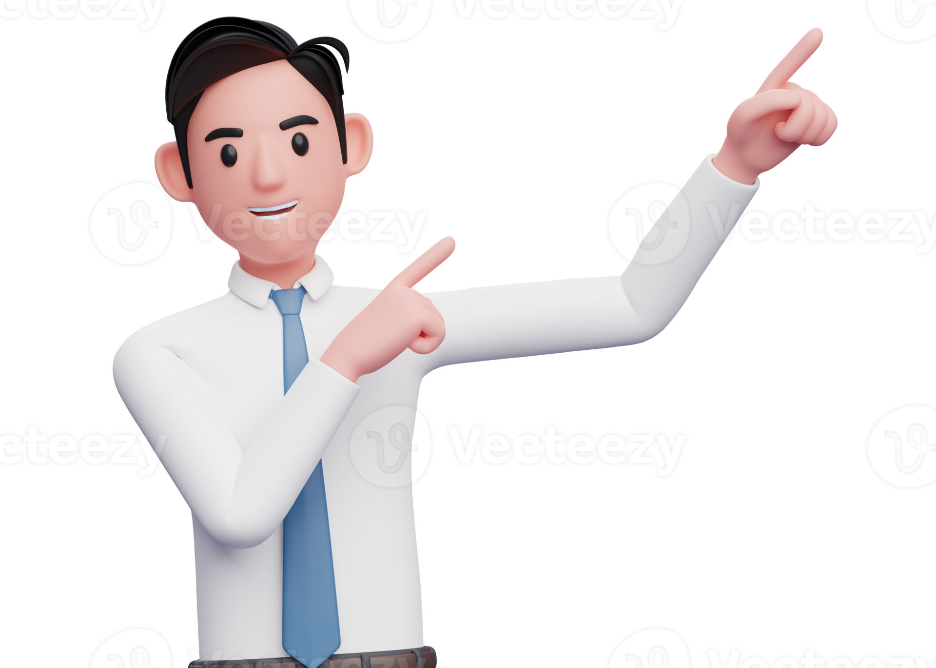 businessman in white shirt raising both hands pointing to the top right ...