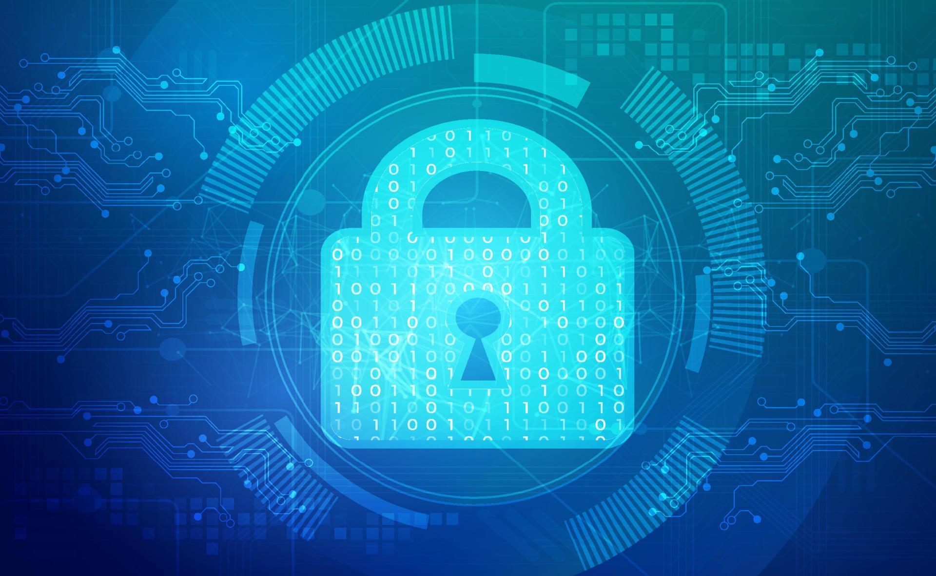 Digital technology secure blue green background, key cyber security ...