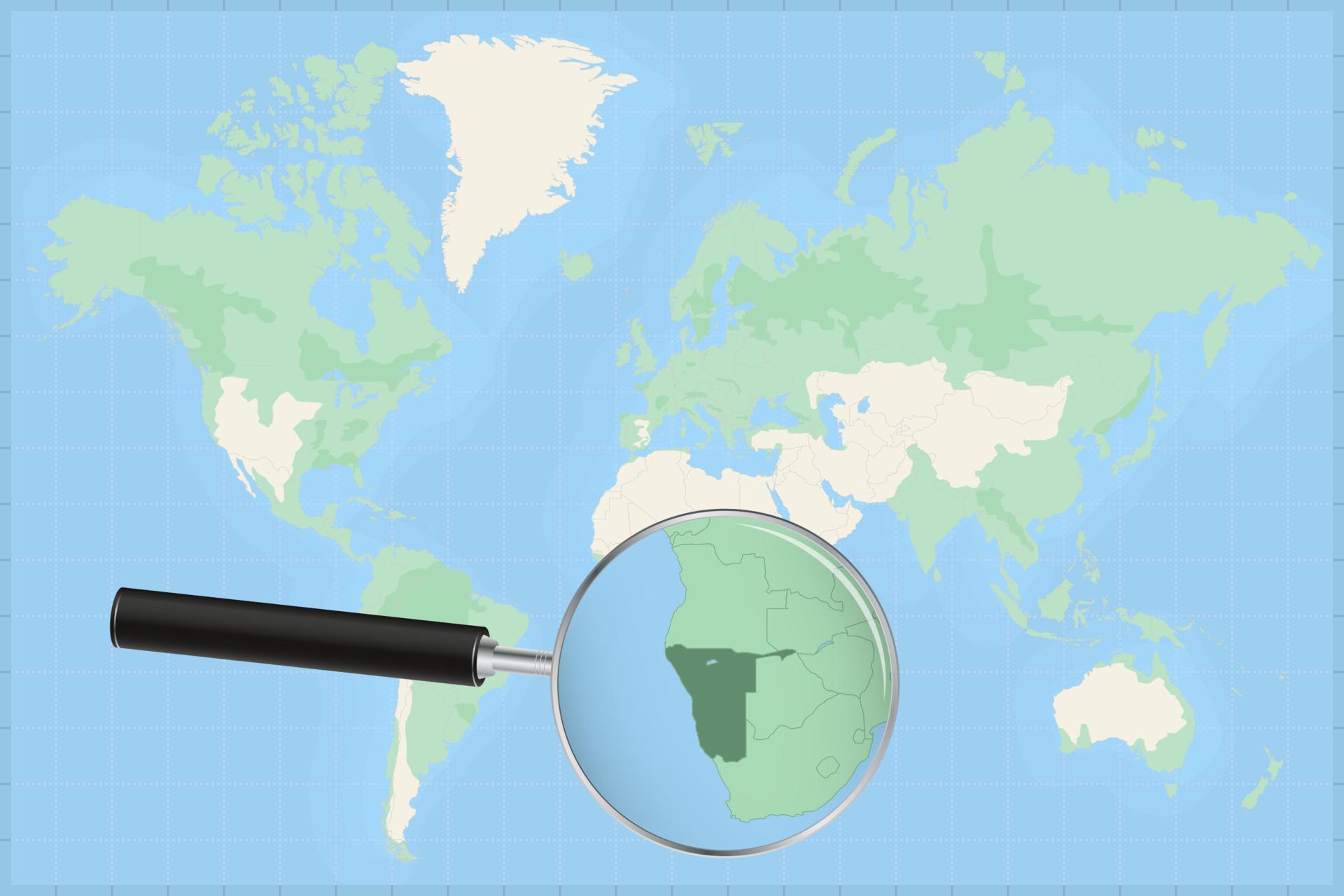 Map of the world with a magnifying glass on a map of Namibia. 13454832 Vector Art at Vecteezy