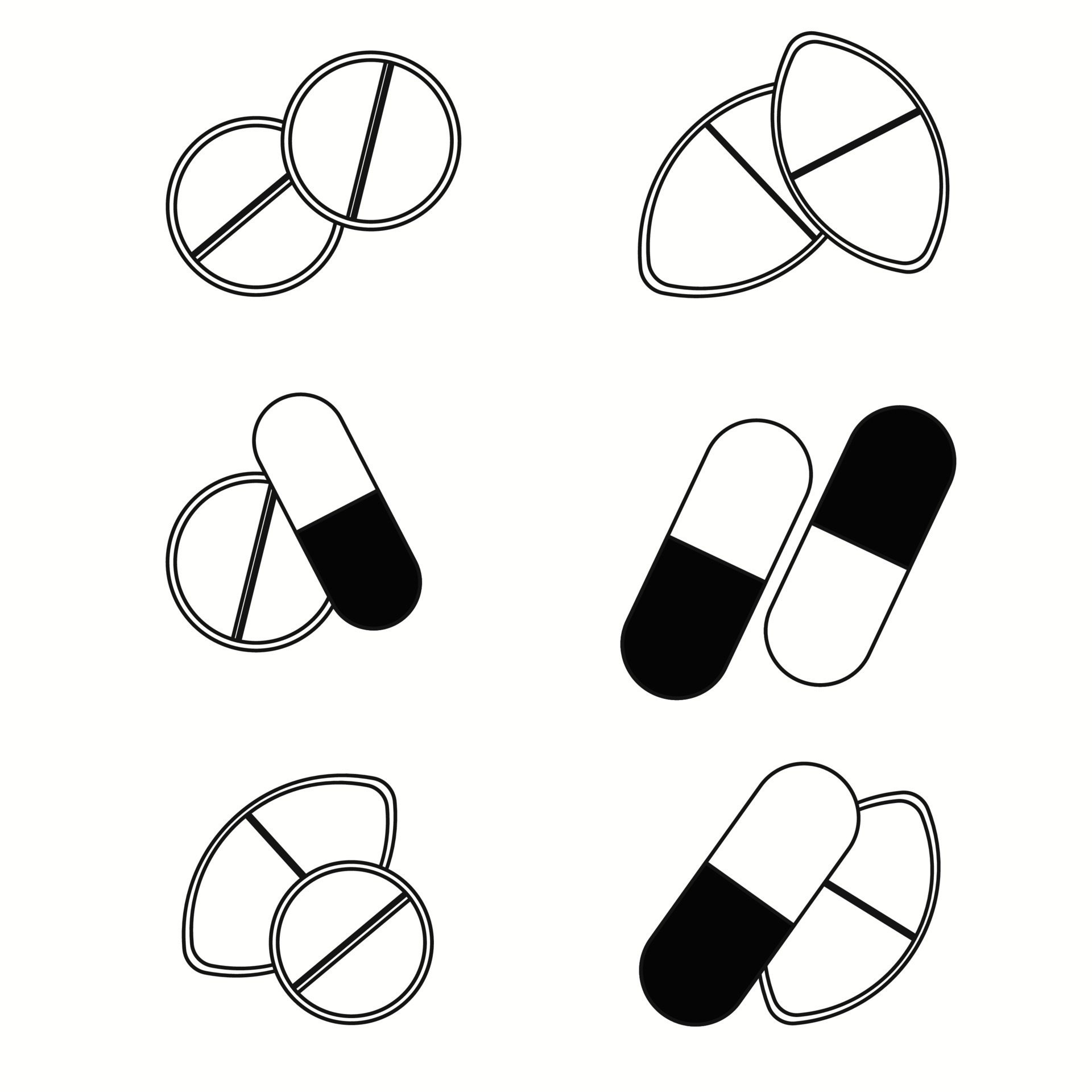 Set Of Different Paired Forms Of Tablets In Black And White Line Style Vector Illustration