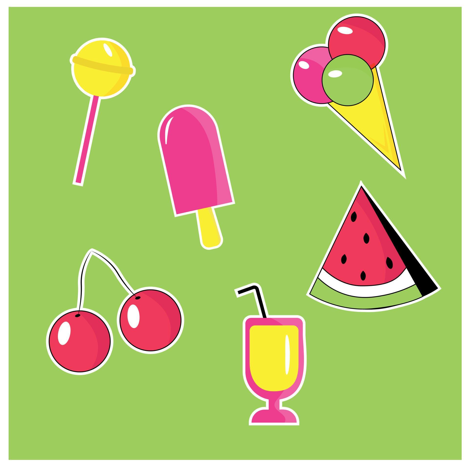 Pop Art Stickers Food Set Ice Cream Watermelon Fruit Lollipop 13462019 Vector Art At Vecteezy