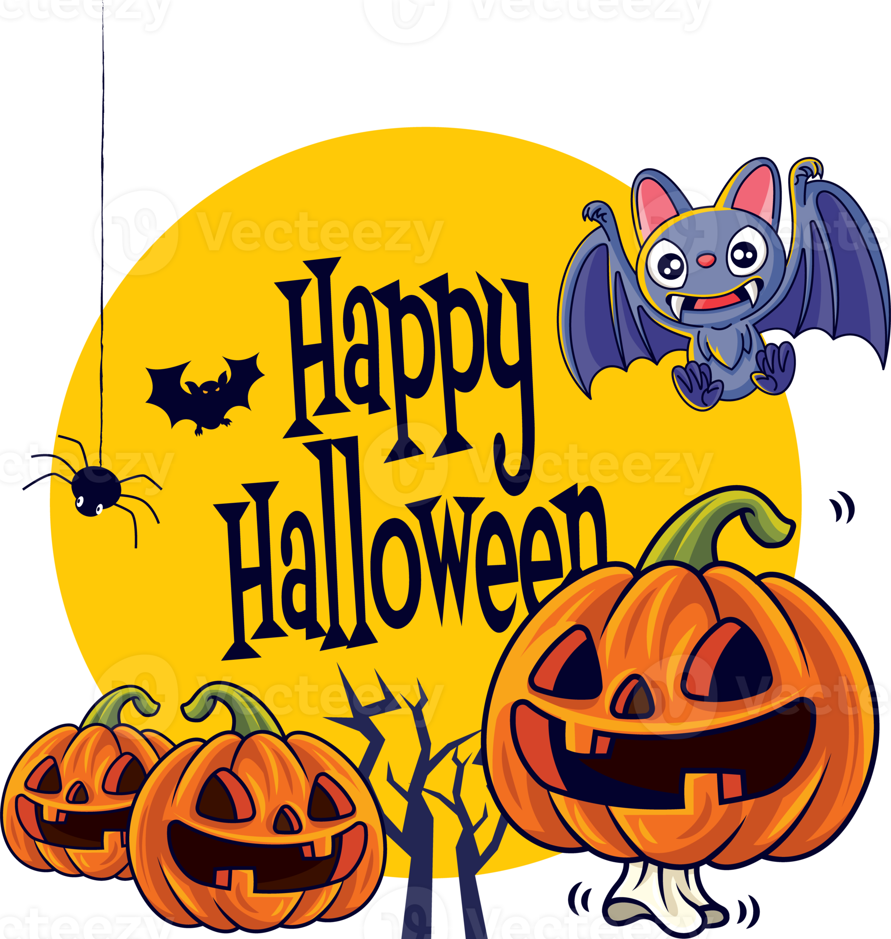 Happy Halloween Cartoon Cute Jack O Lantern Orange Pumpkin And Bat Characters With Big Greeting