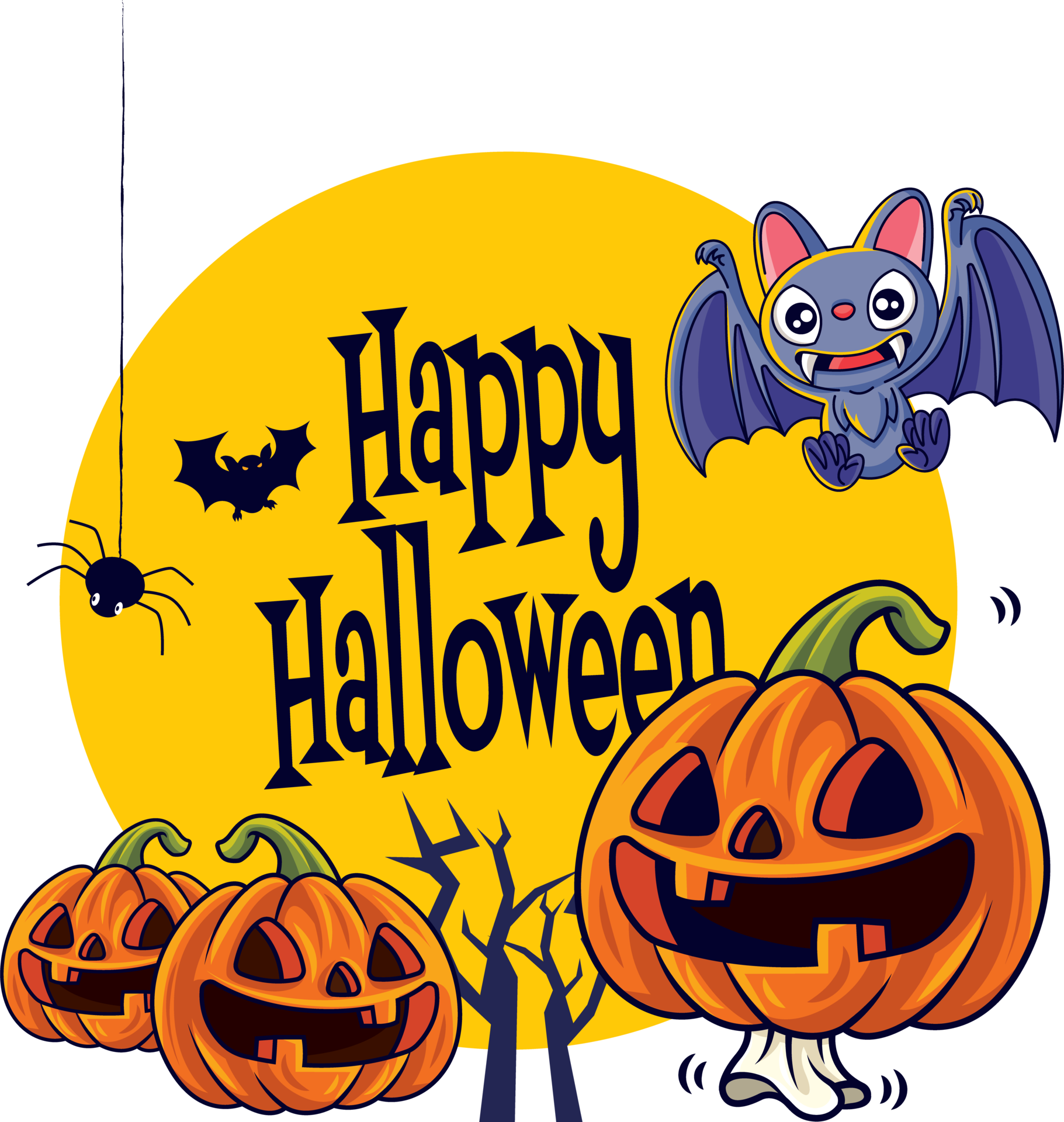 Happy Halloween Cartoon Cute Jack O Lantern Orange Pumpkin And Bat