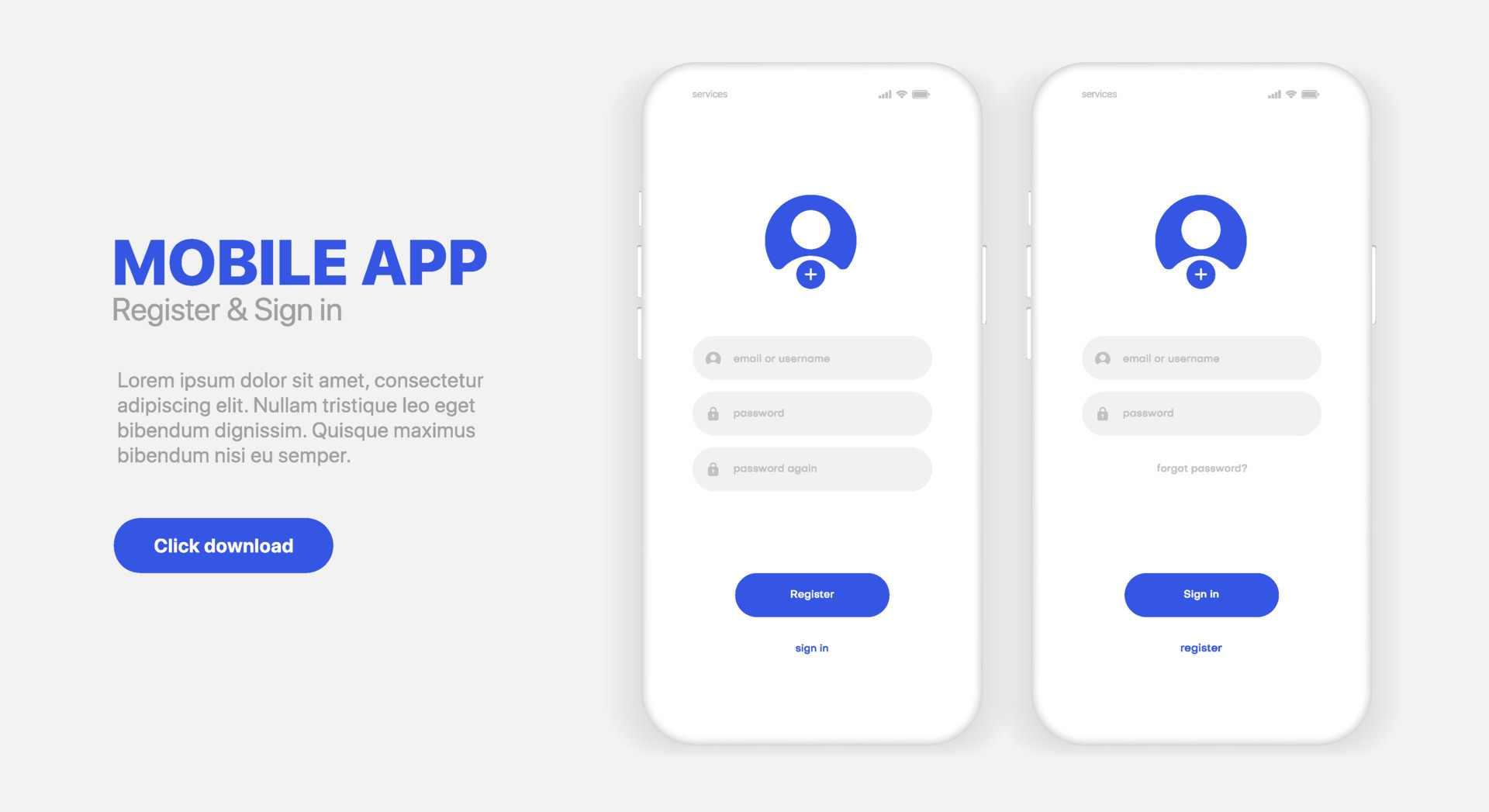 Log in screen. Mobile application interface, registration form with ... Log in screen. Mobile application interface, registration form with ...
