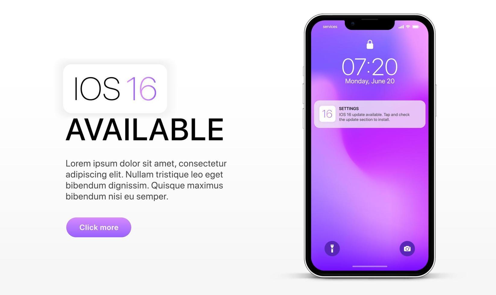 3D high quality smartphone mockup screen with new iOS 16 update notification. The next operating ...