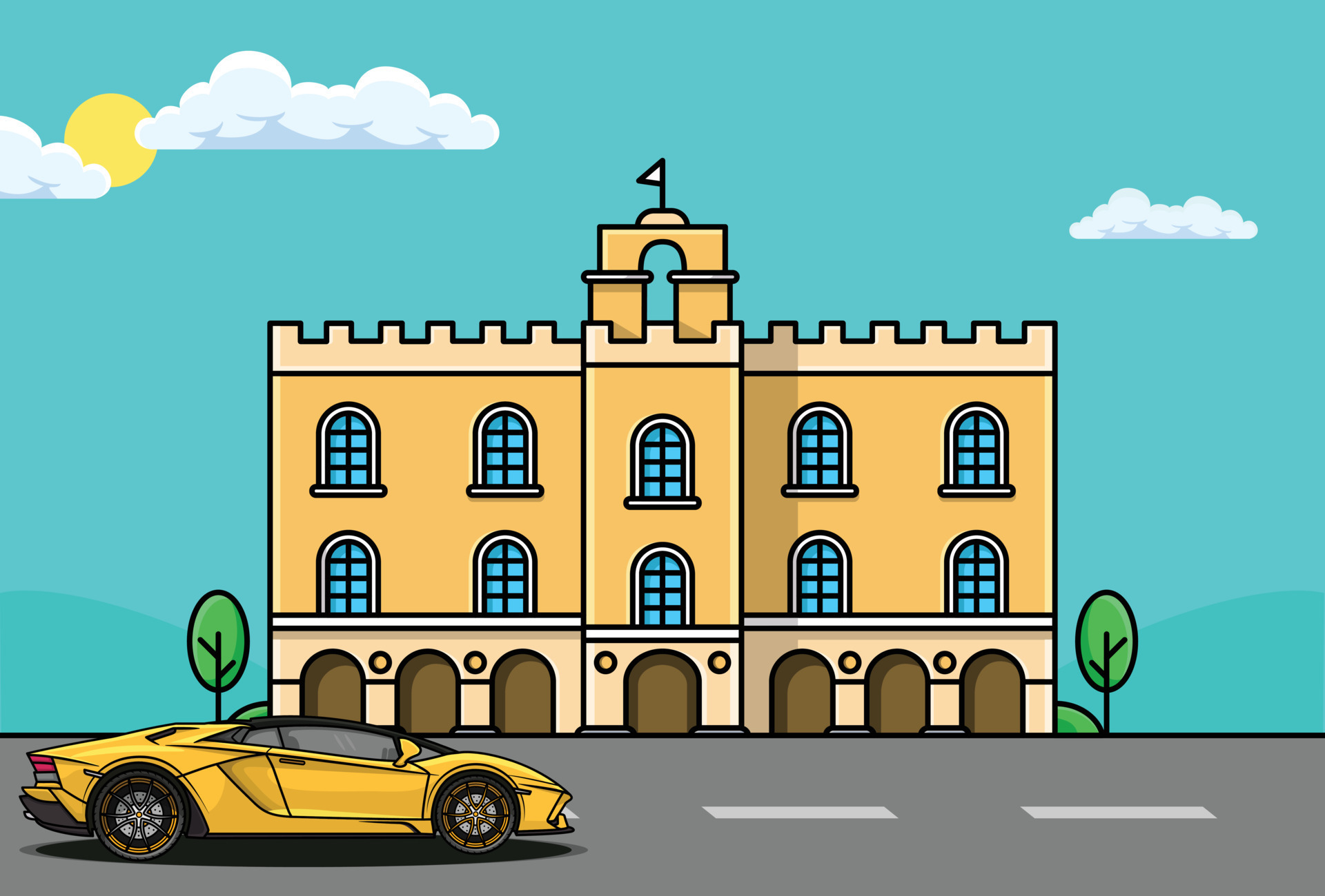 Building Car Cartoon Vector Icon Illustration Famous Building