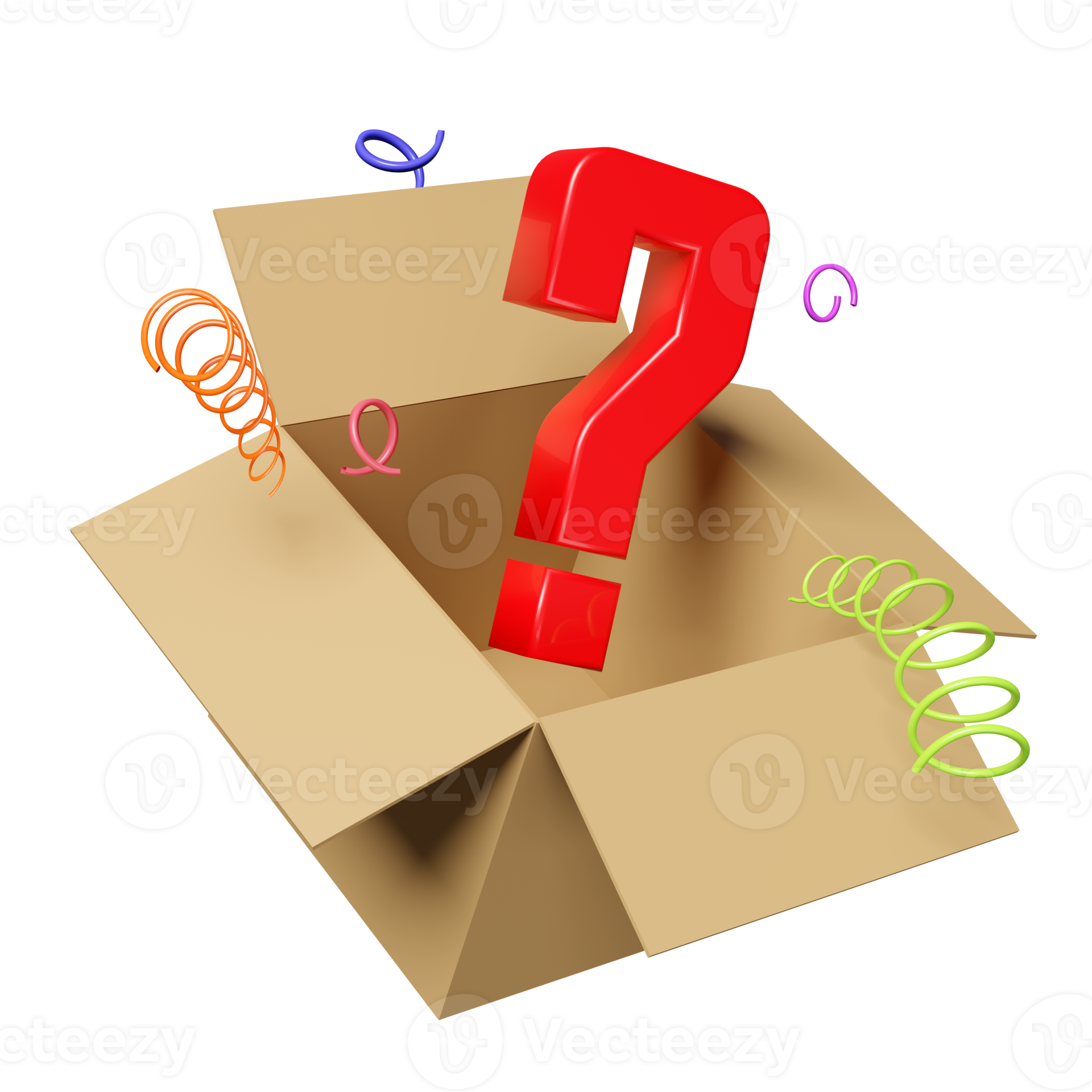 3d open goods cardboard box with white question mark symbol icon isolated. FAQ or frequently ...