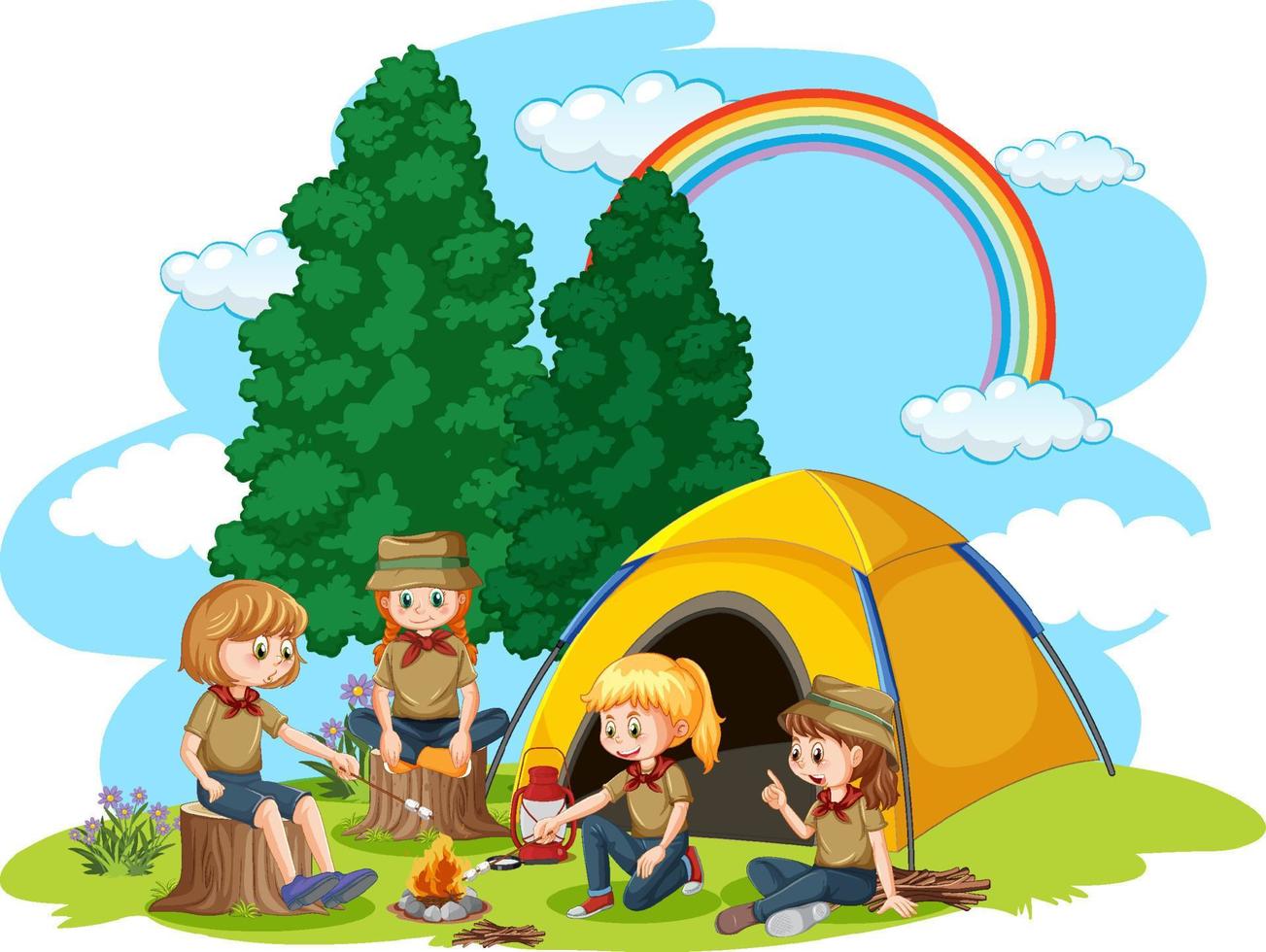 Happy kids at camping tent 13479580 Vector Art at Vecteezy