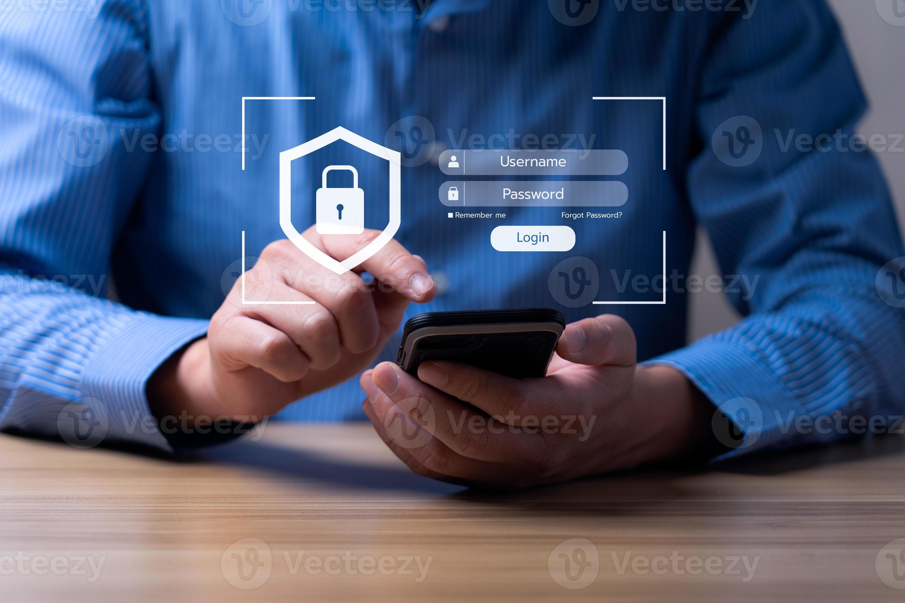 Cyber login and password concept with a smartphone. Data protection and secure internet access ...