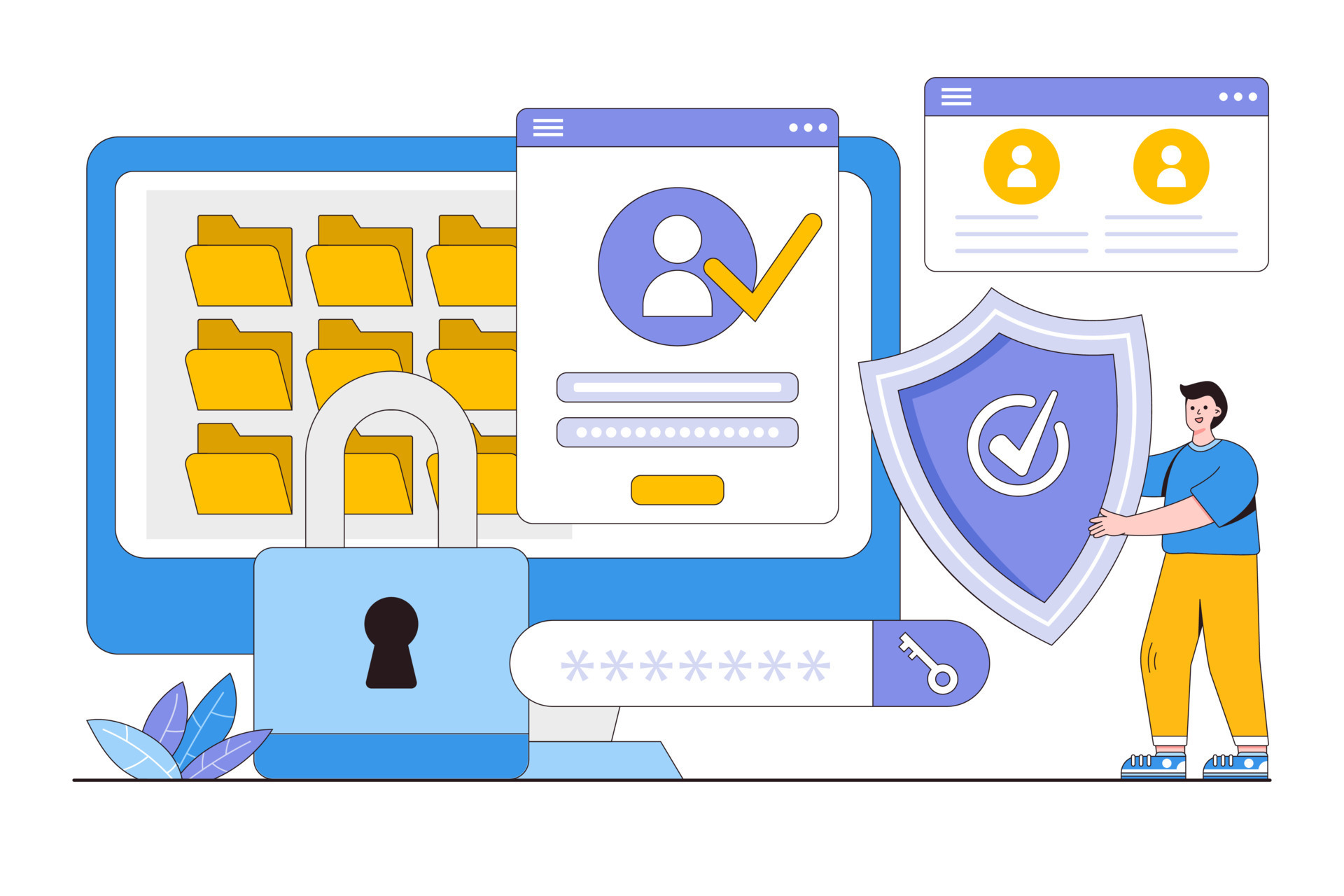 Flat Personal Cyberspace Data Security Man User With Shield Log In Protection Web Access Control