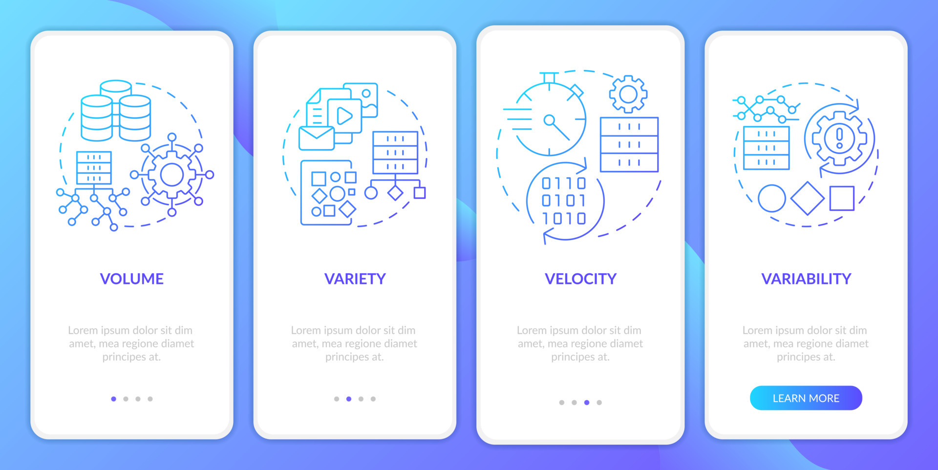 Big Data Characteristics Blue Gradient Onboarding Mobile App Screen Walkthrough 4 Steps Graphic