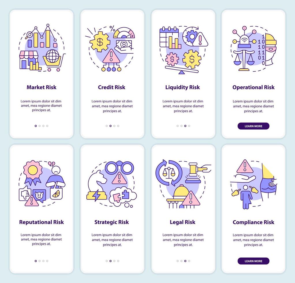 Risk Categories Onboarding Mobile App Screen Set Crisis Management Walkthrough 4 Steps Graphic