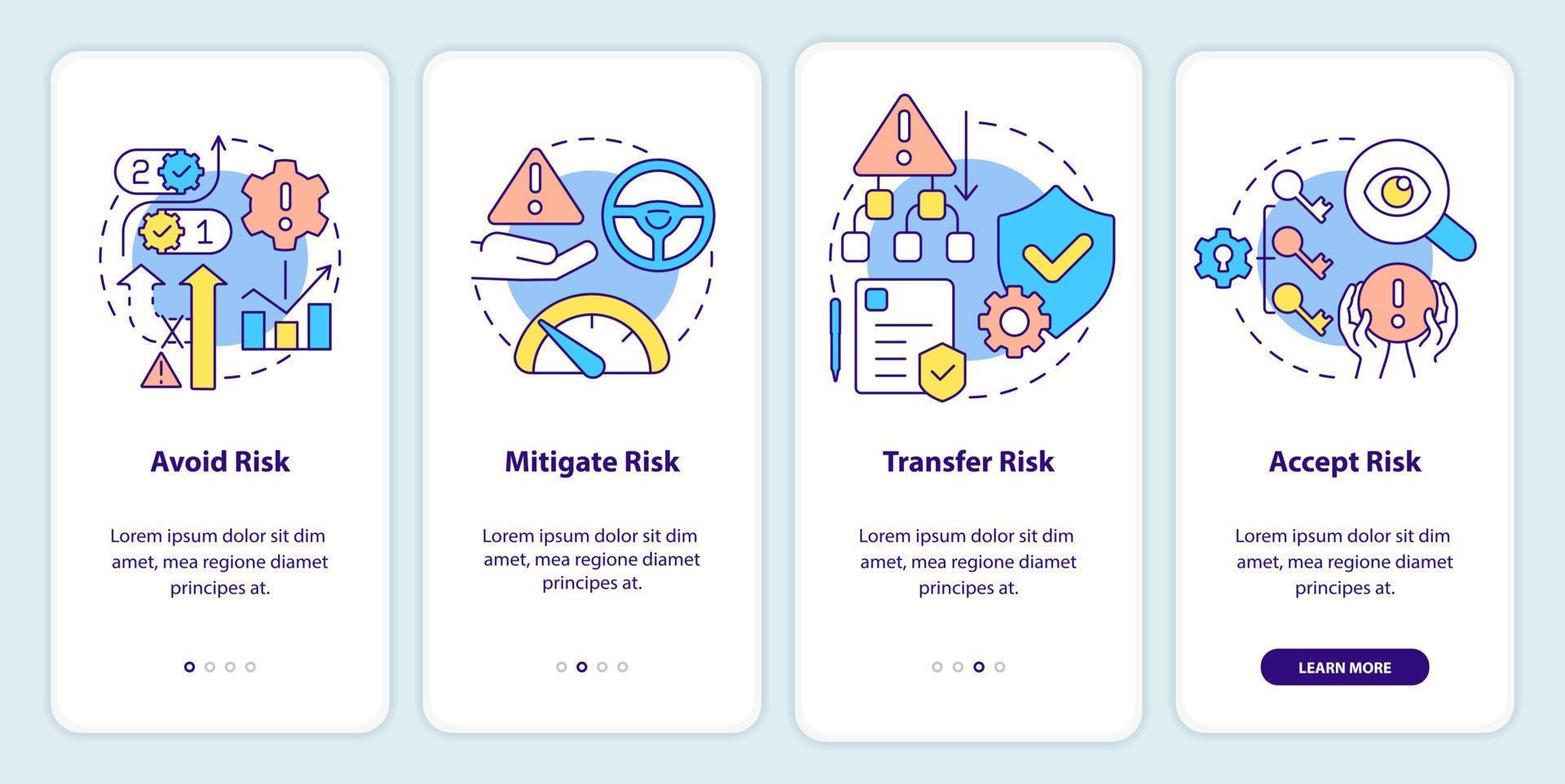 Risk Management Steps Onboarding Mobile App Screen Solving Problems Walkthrough 4 Steps Graphic