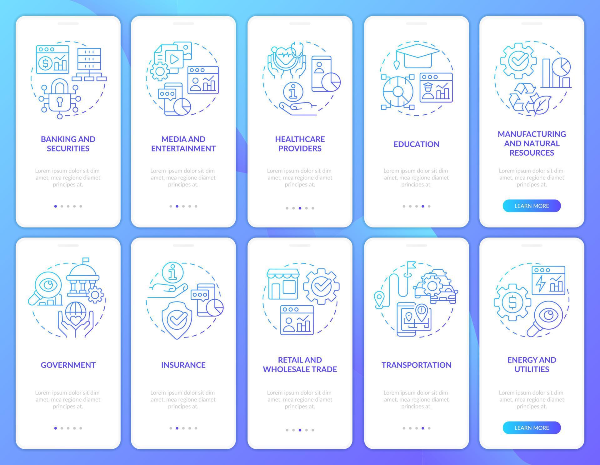 Big Data Applications Blue Gradient Onboarding Mobile App Screen Set Walkthrough 5 Steps