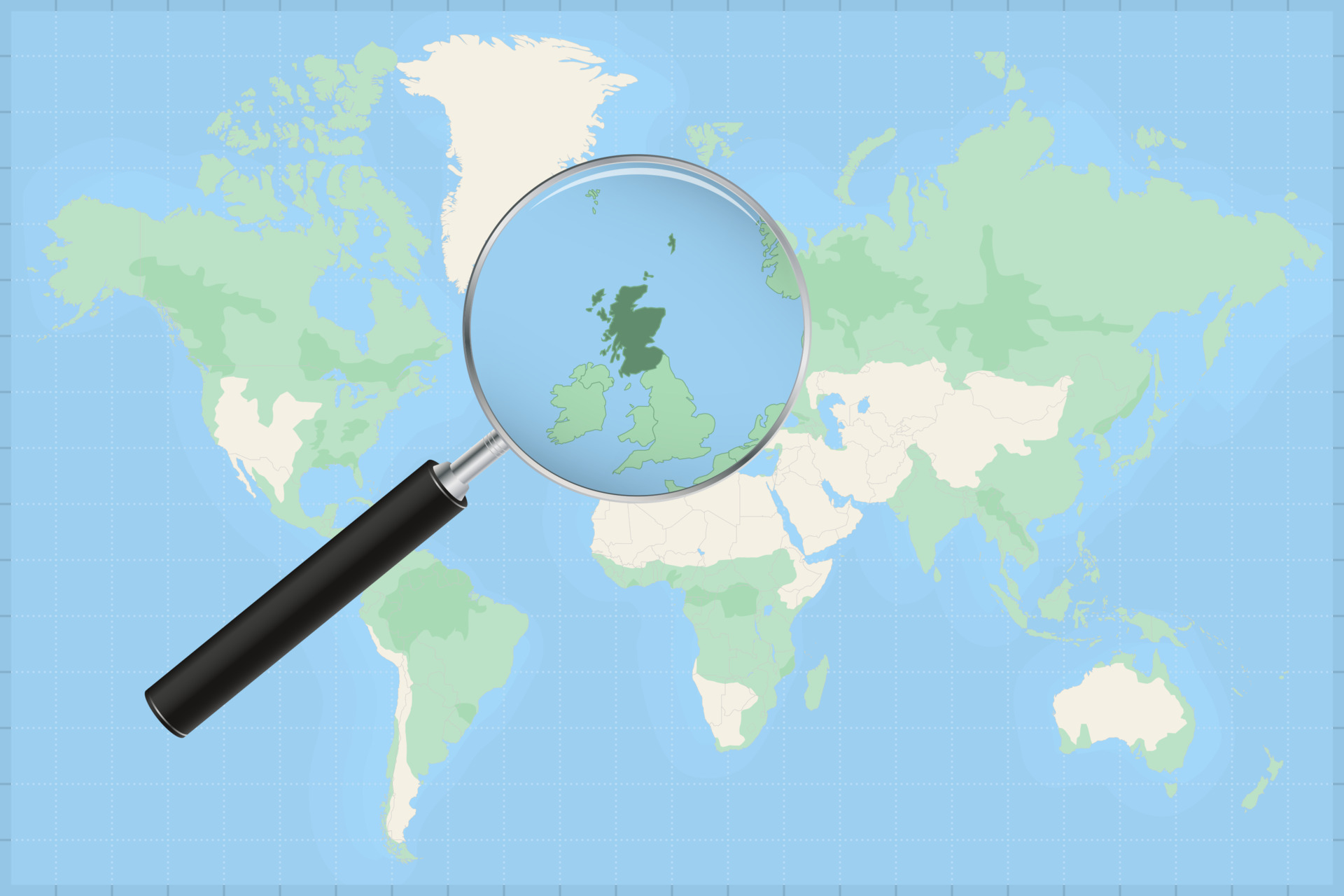 Map of the world with a magnifying glass on a map of Scotland. 13497691 ...