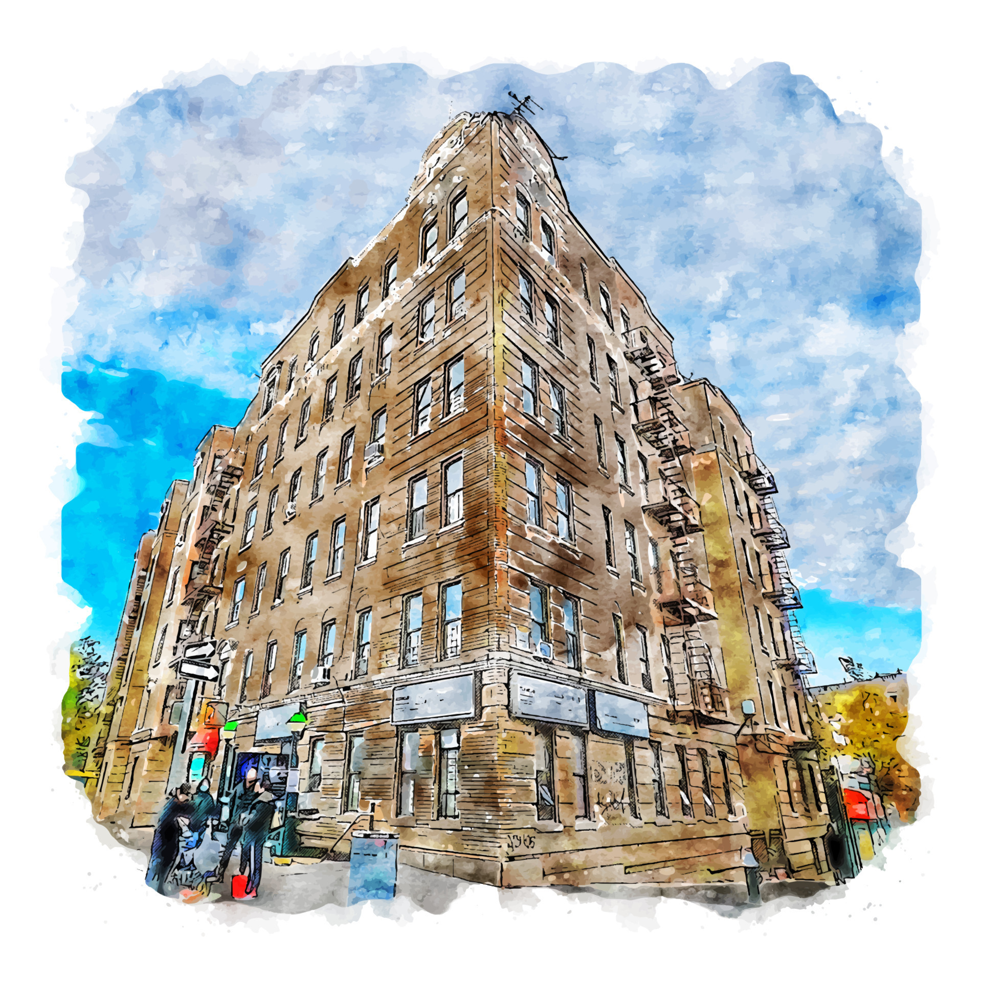 Architecture New York Watercolor sketch hand drawn illustration ...