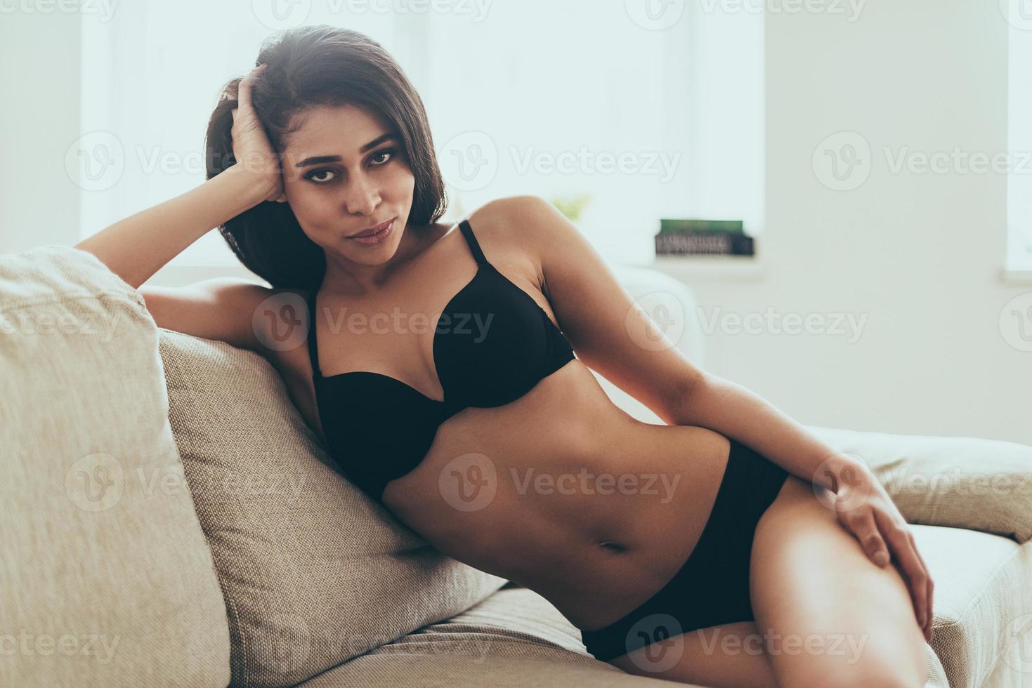 Sweet Seductress Beautiful Young Mixed Race Woman In Black Lingerie Looking At Camera While