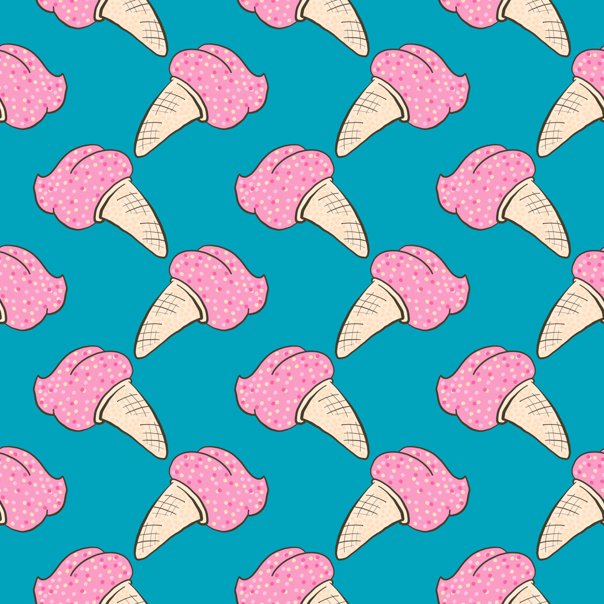 Pink Ice Cream In A Cone Seamless Pattern On A Blue Background