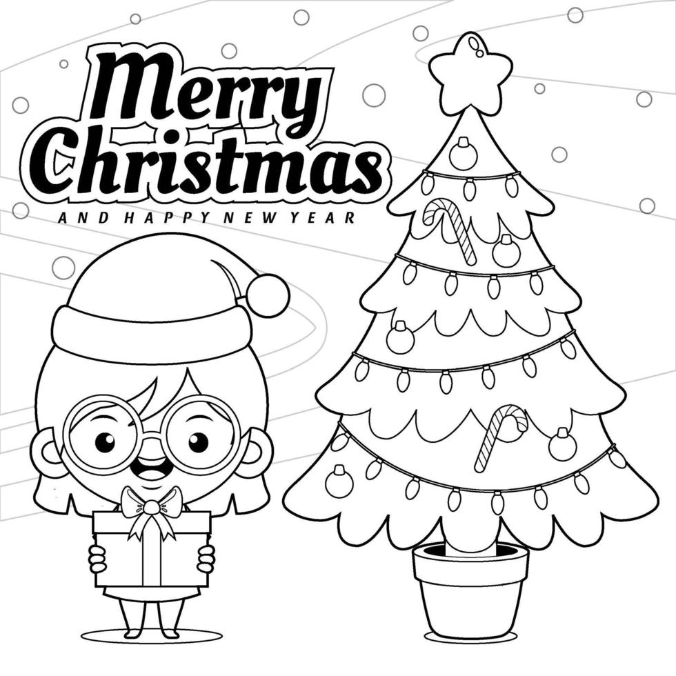 Coloring book for kids. Happy Cute Girl Holding Gift Celebrating ...