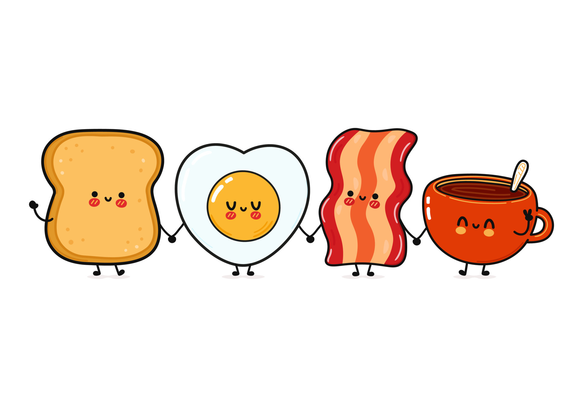 Cute Happy Cup Of Coffee Toast Bacon And Fried Eggs Vector Hand Drawn