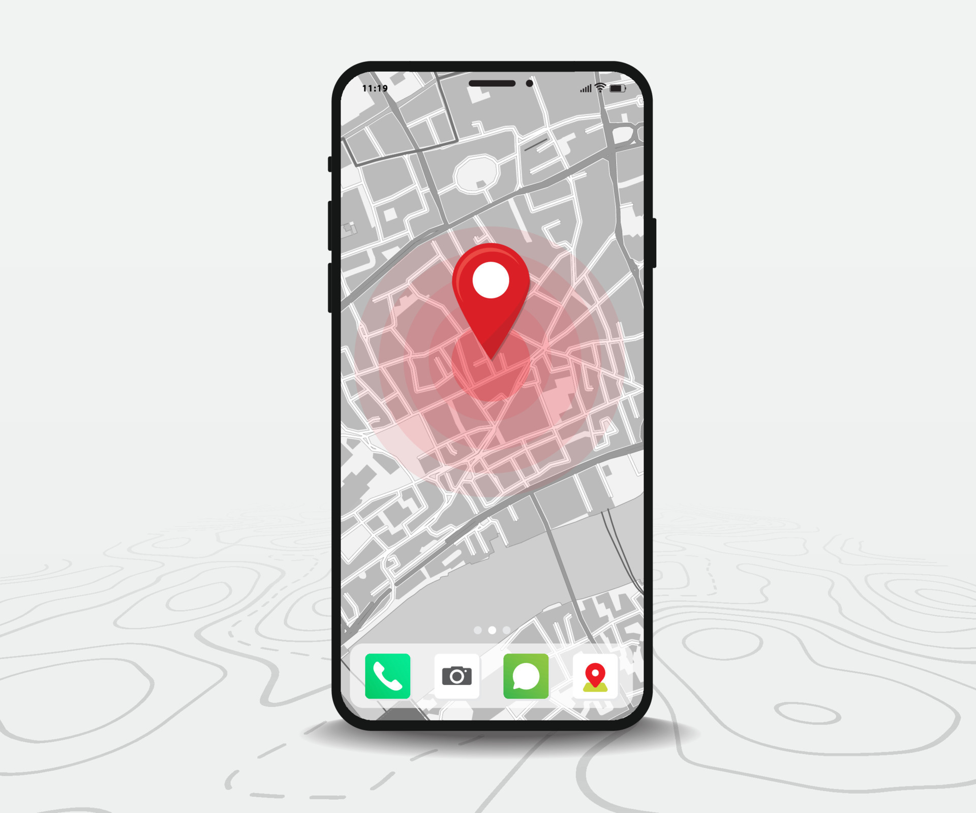 Mobile map gps, Smartphone map application and red pinpoint on screen, App search map navigation ...