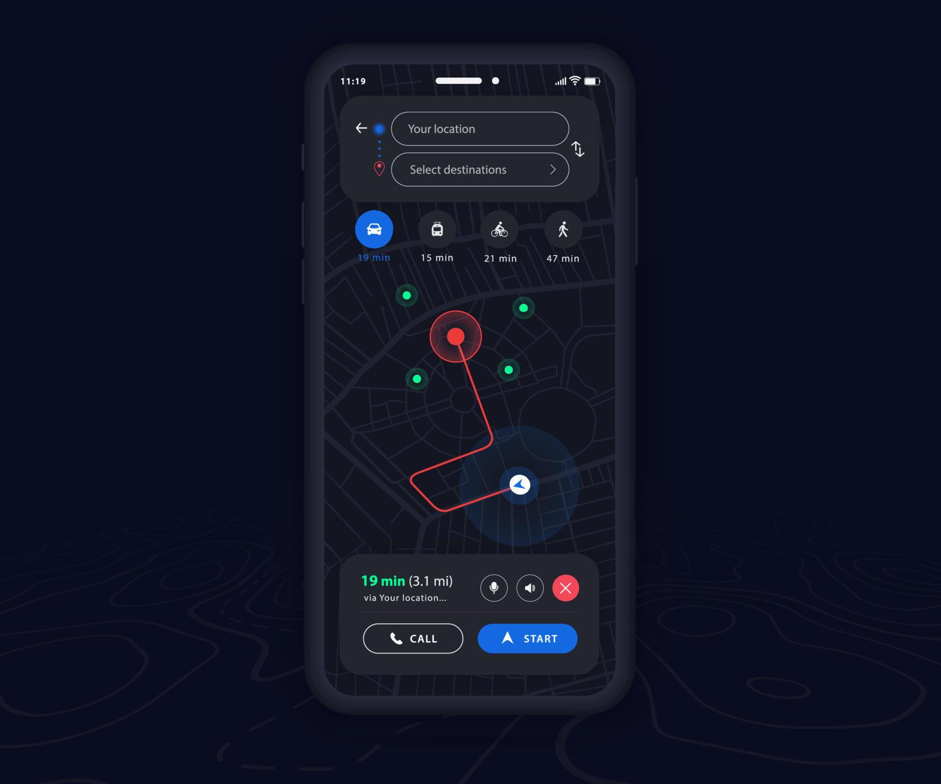 Smartphone Map Gps Navigation App Dark Mode Ux Ui Concept Mobile Map