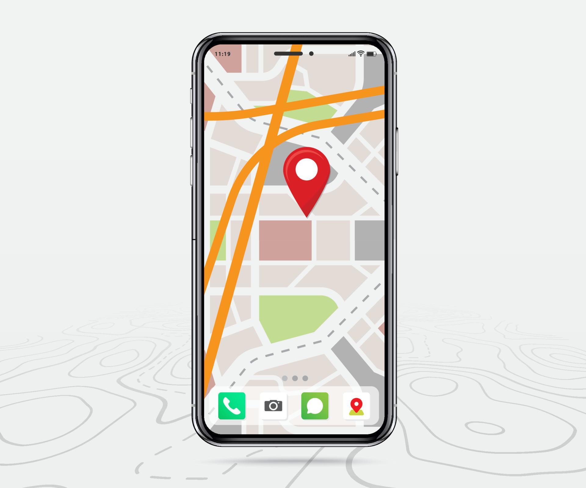 Mobile map gps, Smartphone map application and red pinpoint on screen, App search map navigation ...