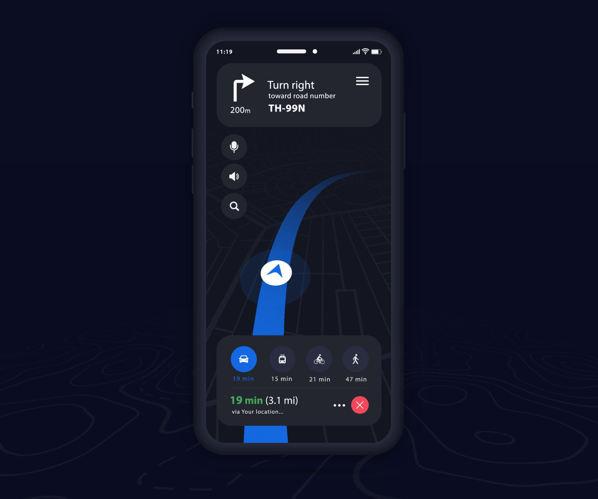 Smartphone map GPS navigation app dark mode ux ui concept, Mobile map ... Smartphone map GPS navigation app dark mode ux ui concept, Mobile map ...