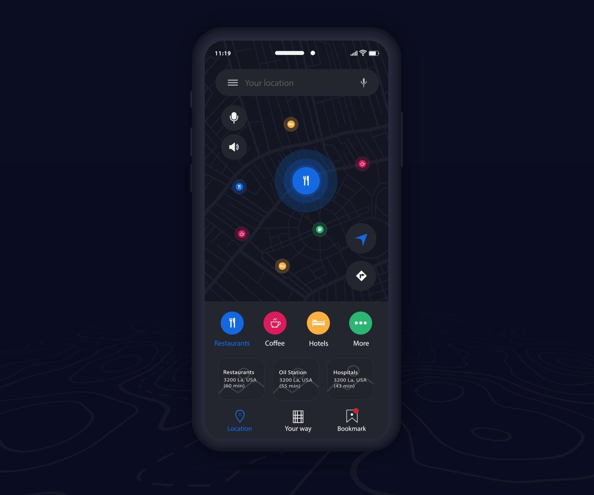 Smartphone map GPS navigation app dark mode ux ui concept, Mobile map application, App search ...