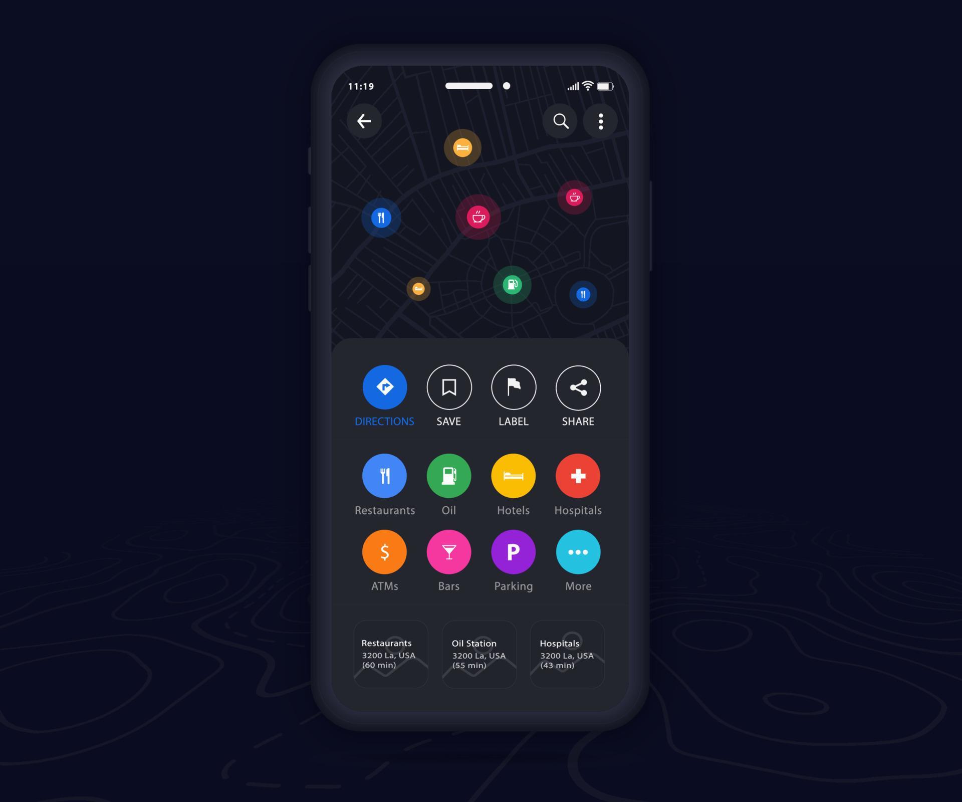 Smartphone map GPS navigation app dark mode ux ui concept, Mobile map ... Smartphone map GPS navigation app dark mode ux ui concept, Mobile map ...