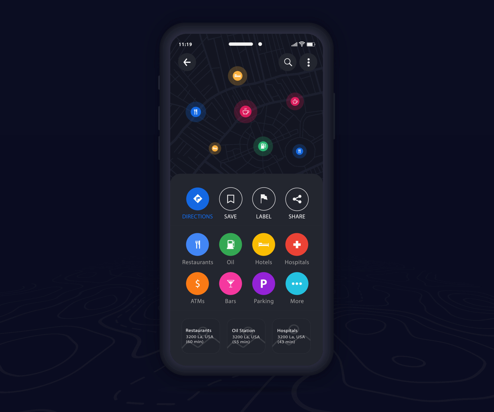 Smartphone map GPS navigation app dark mode ux ui concept, Mobile map application, App search ...