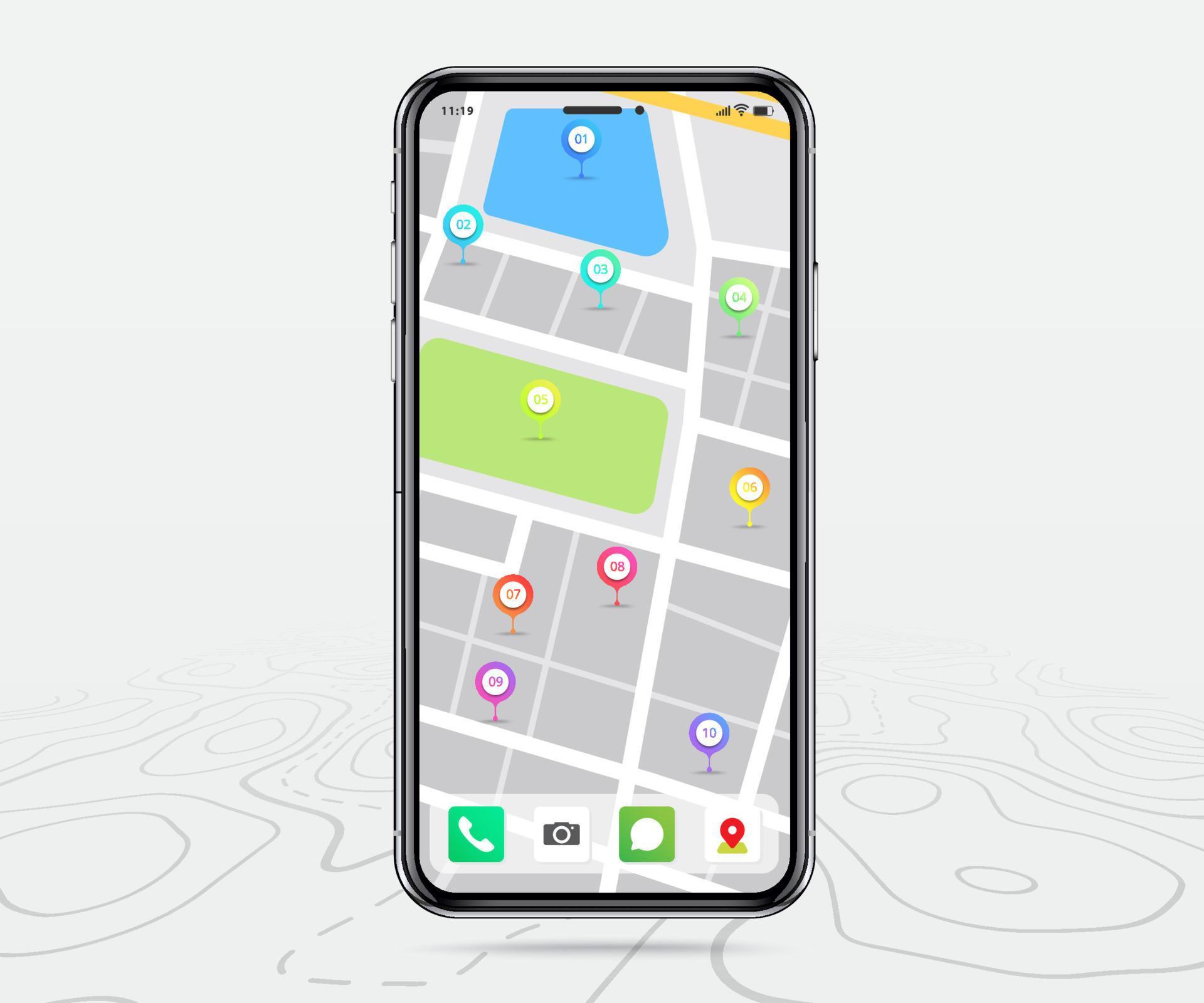 Mobile map gps, Smartphone map application and red pinpoint on screen ...