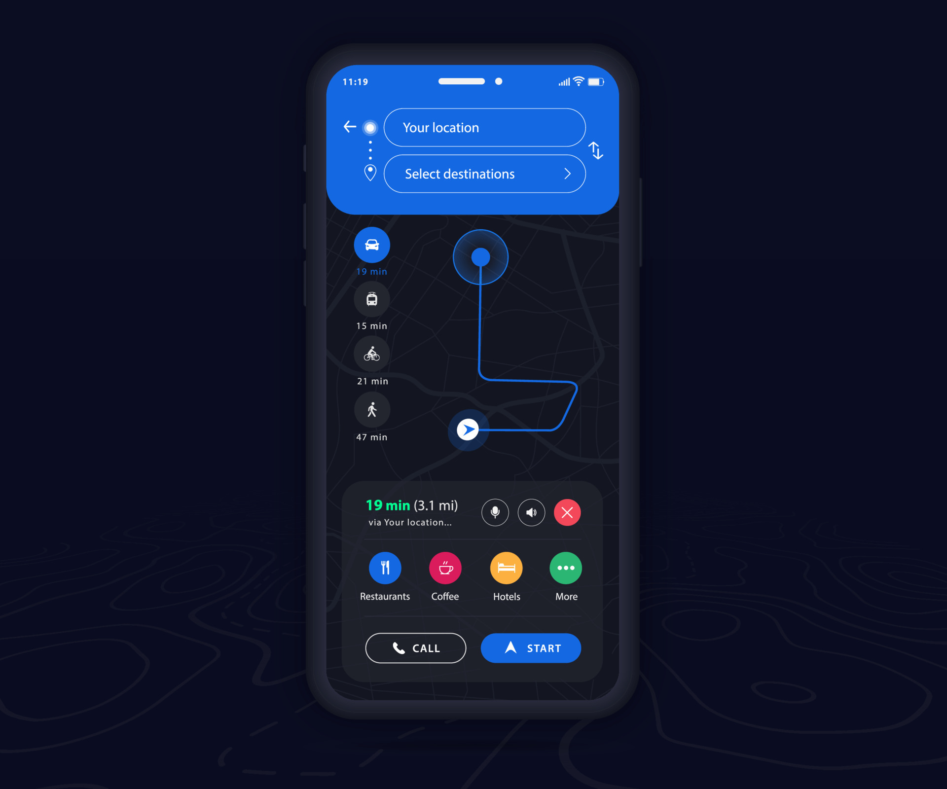 Smartphone map GPS navigation app dark mode ux ui concept, Mobile map ... Smartphone map GPS navigation app dark mode ux ui concept, Mobile map ...