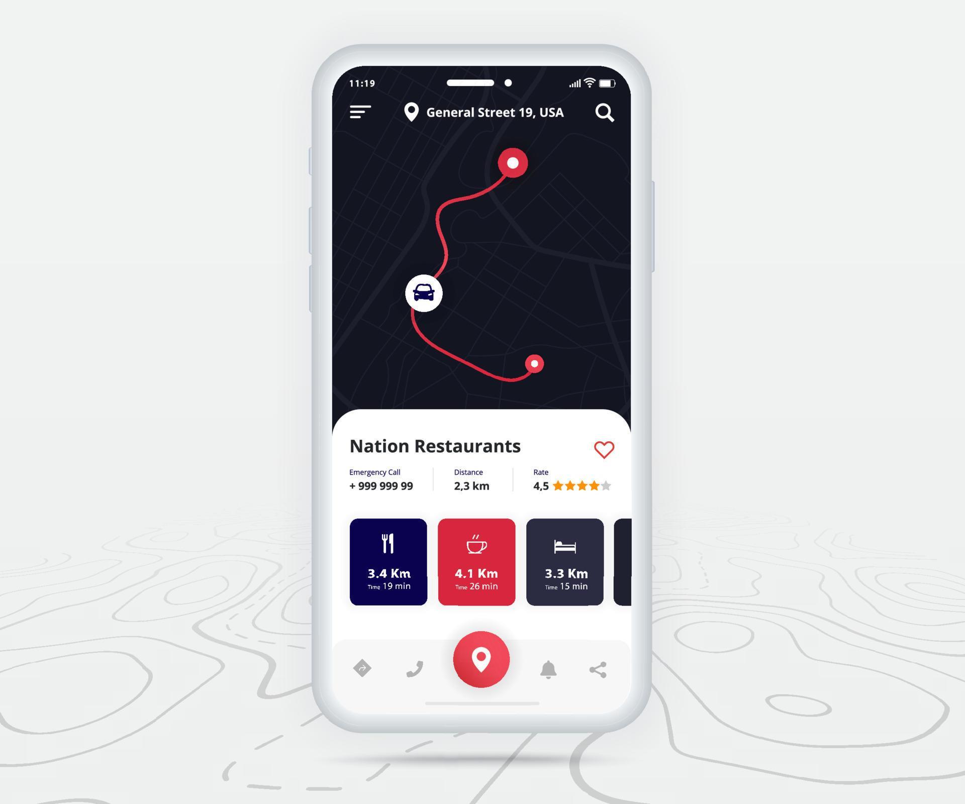Map GPS navigation ux ui concept, Smartphone map application ...