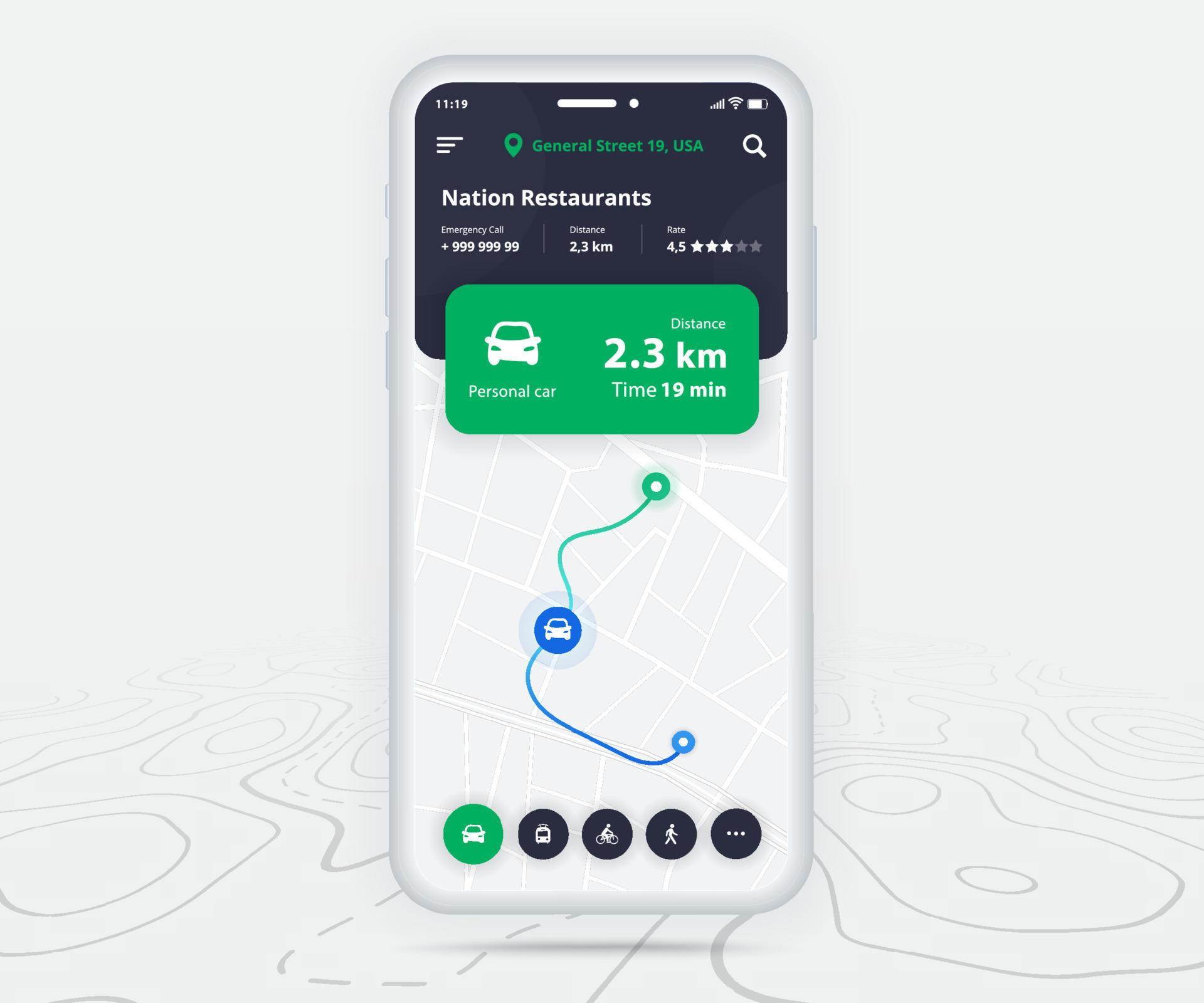 Map GPS navigation ux ui concept, Smartphone map application destination point on screen, App ...