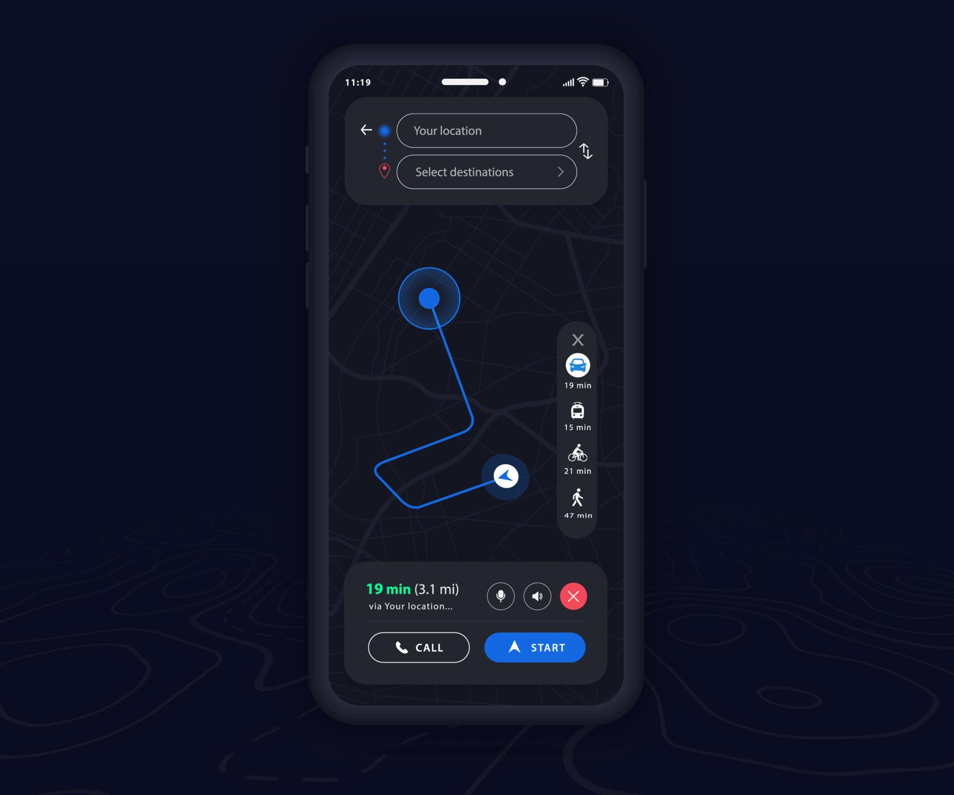 Smartphone map GPS navigation app dark mode ux ui concept, Mobile map application, App search ...
