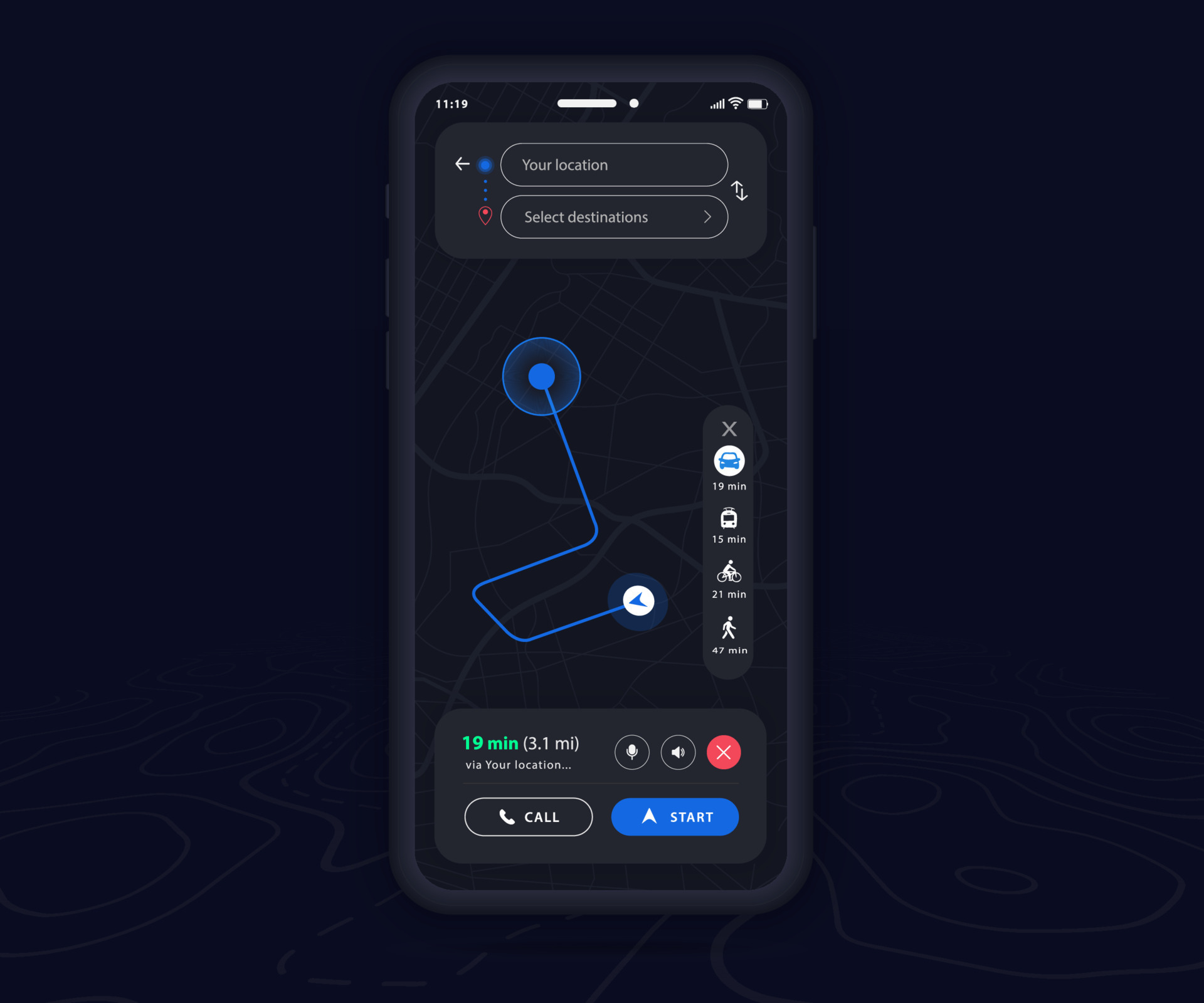 Smartphone map GPS navigation app dark mode ux ui concept, Mobile map ... Smartphone map GPS navigation app dark mode ux ui concept, Mobile map ...