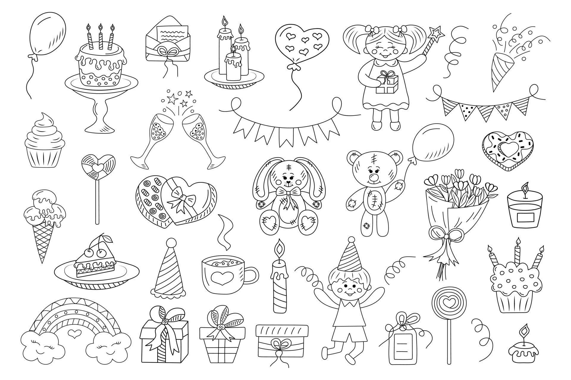 Big birthday celebration doodle clipart set. Hand drawn icons ...