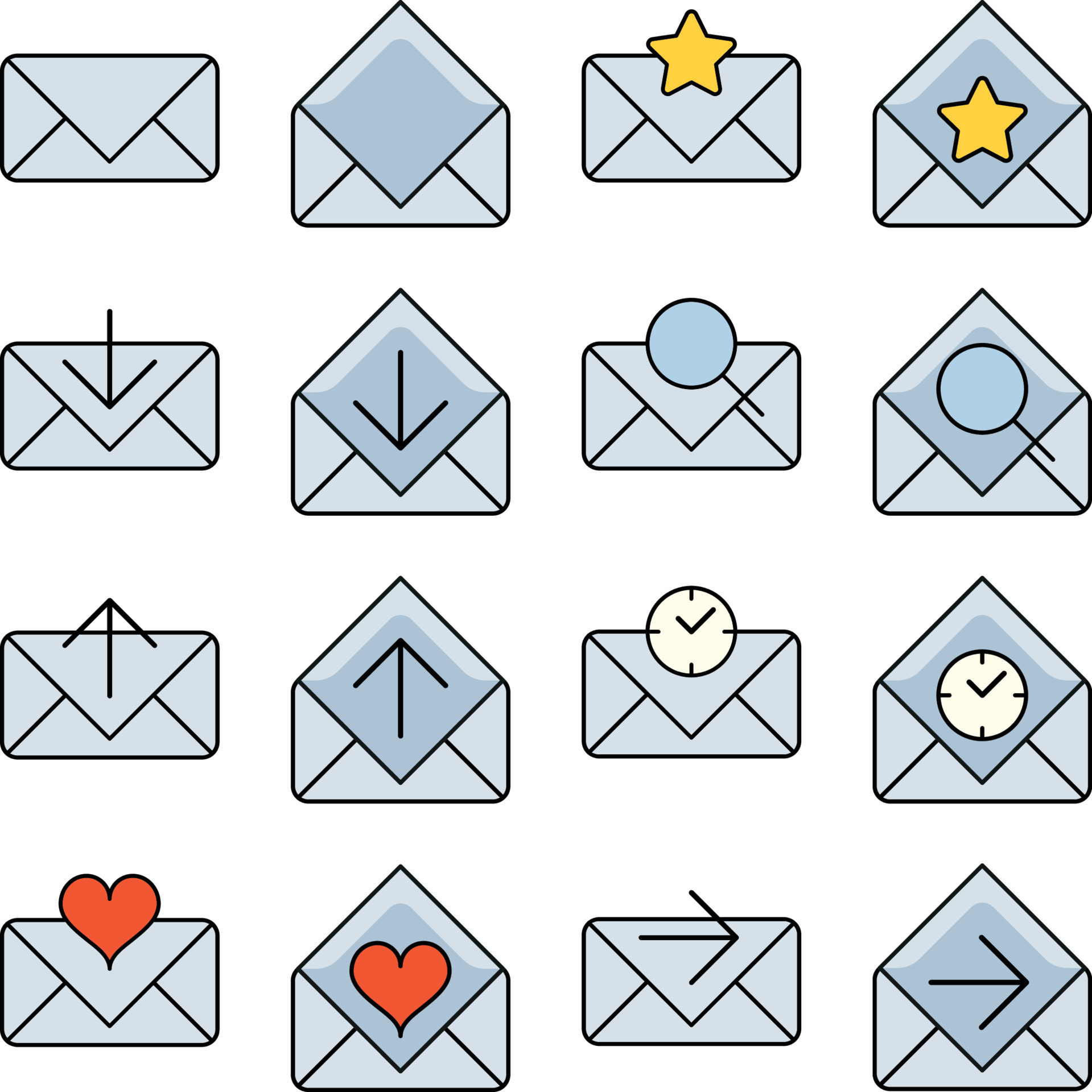 Colored And Outline Email Icon Set Open Envelope Pictogram Line Mail
