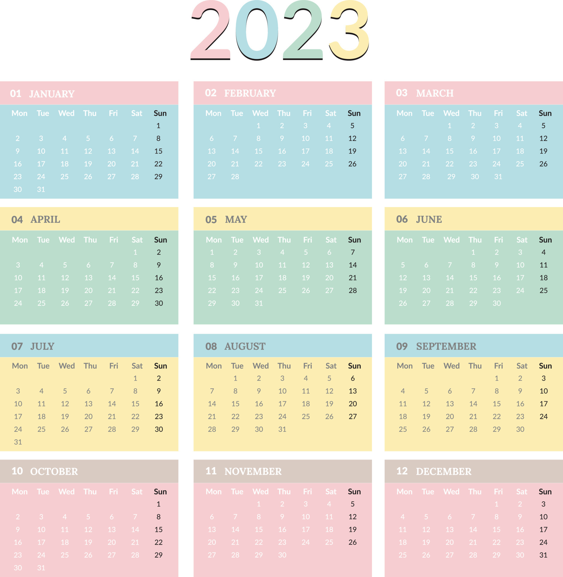 Calendar for 2023, Pastel Colorful calendar 2023, Vector 2023 calendar design, Calendar 2023 ...