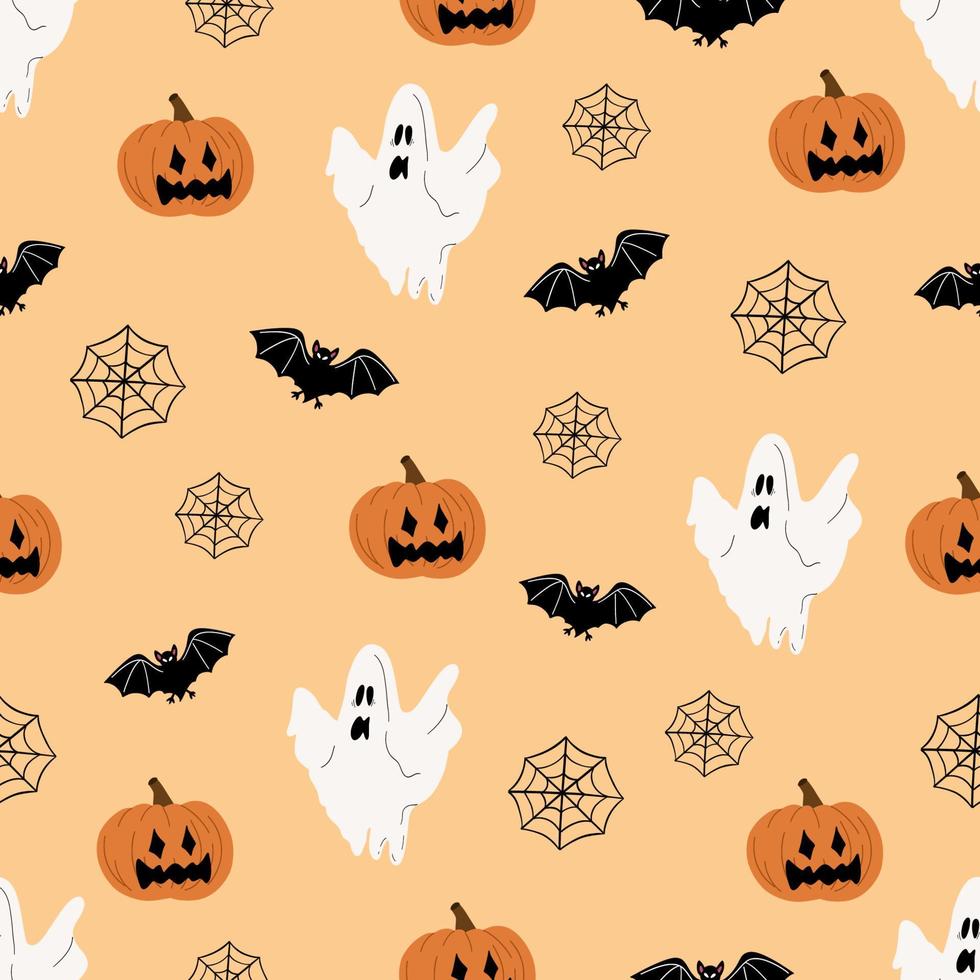 Halloween seamless pattern design. Pumpkins, bats, ghost and web in ...