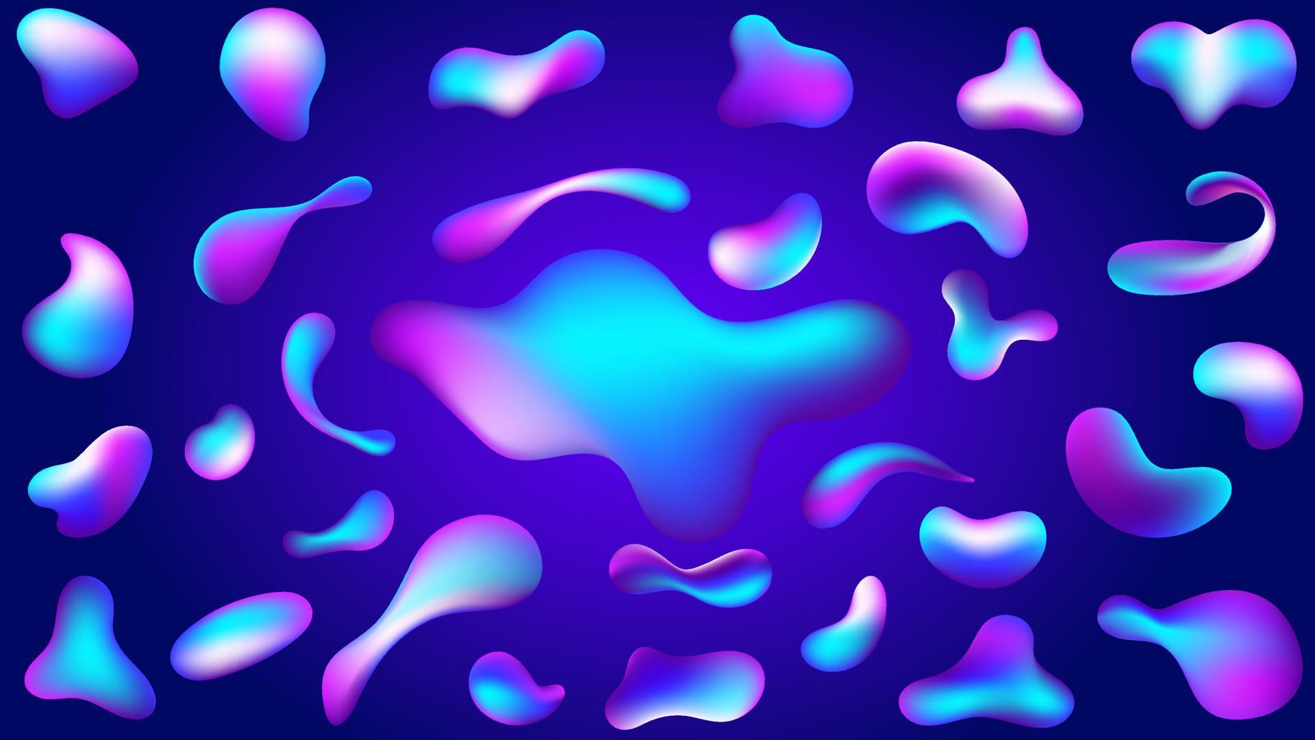 Liquid flow glow purple, blue 3D neon lava lamp vector geometric set for banner, card or UI ...