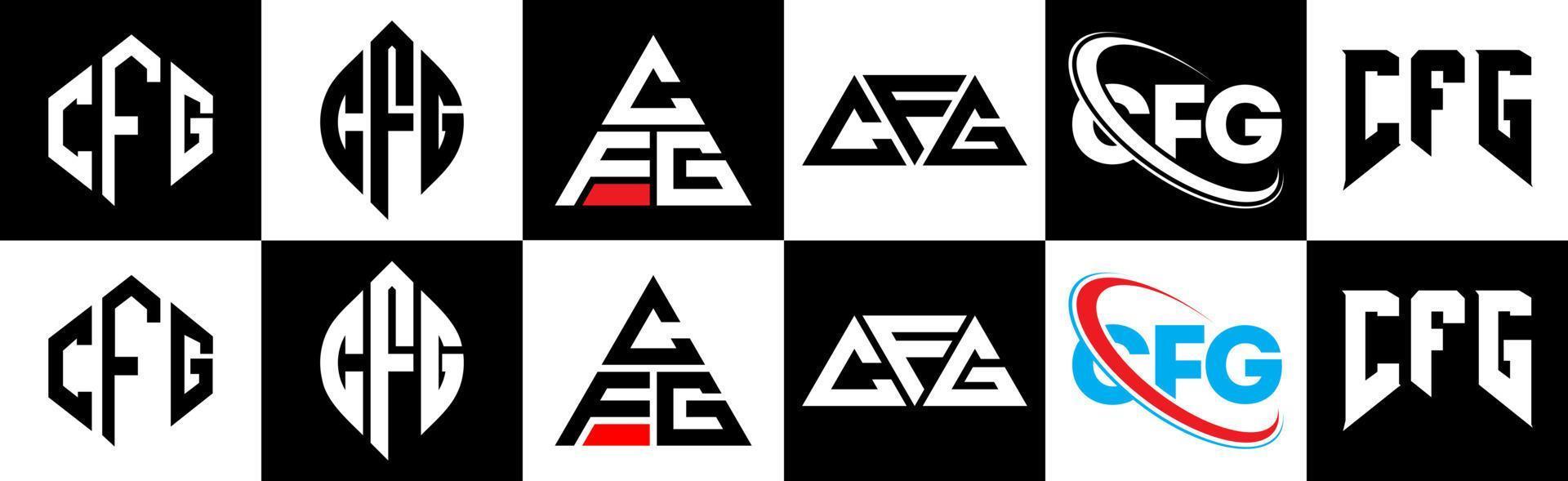 diseño de logotipo de letra cfg en seis estilos. cfg polígono, círculo, triángulo, hexágono ...