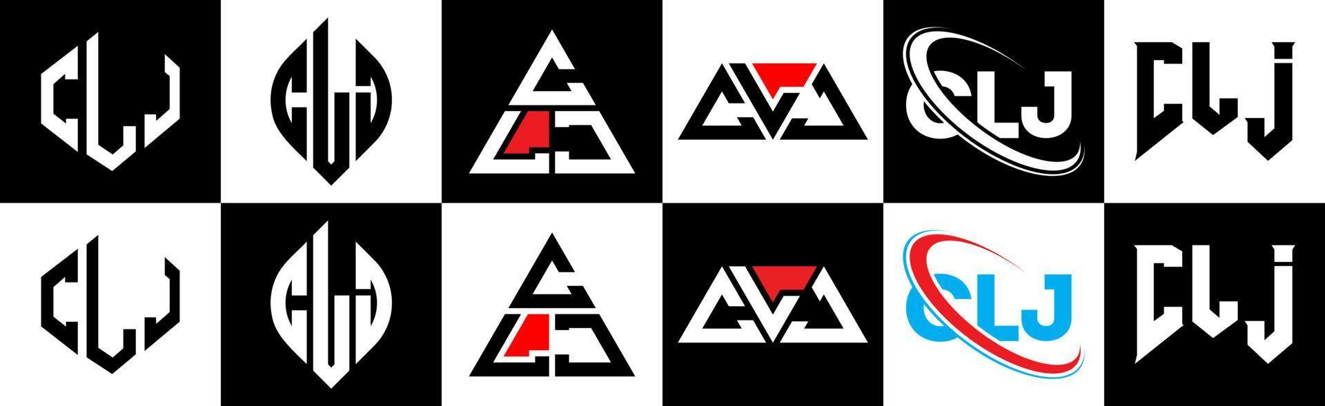 diseño de logotipo de letra clj en seis estilos. clj polígono, círculo, triángulo, hexágono ...