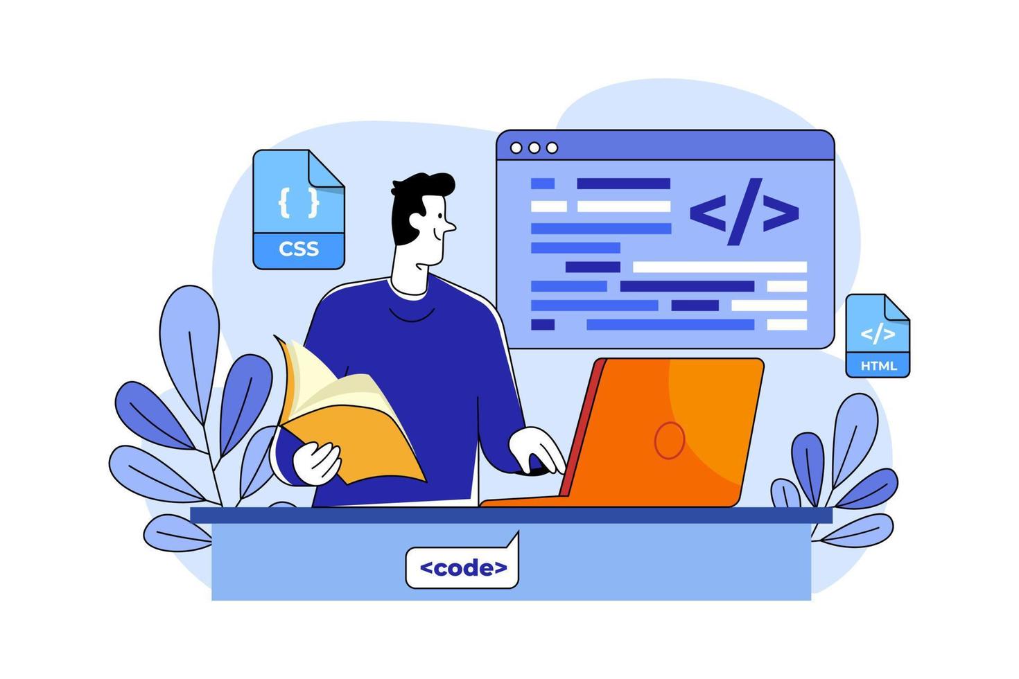 A young programmer coding on the laptop 13567498 Vector Art at Vecteezy