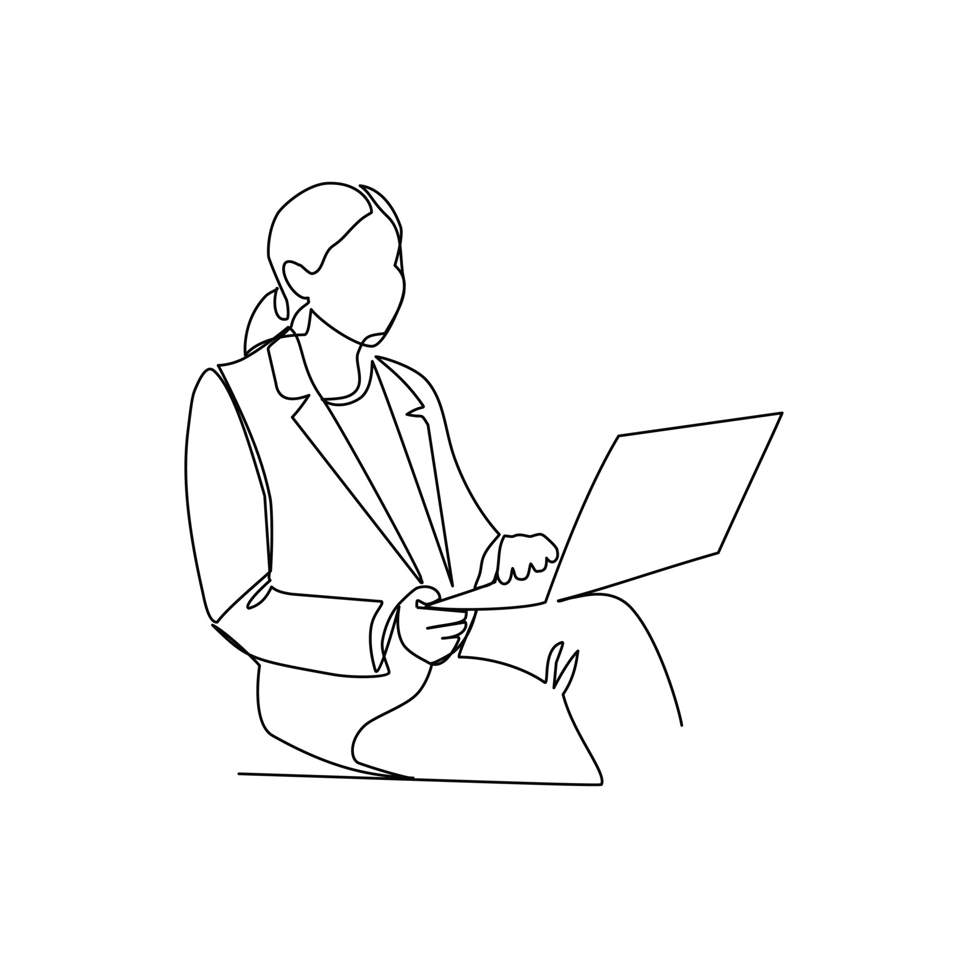 Vector illustration of a woman working on a laptop drawn in line-art ...