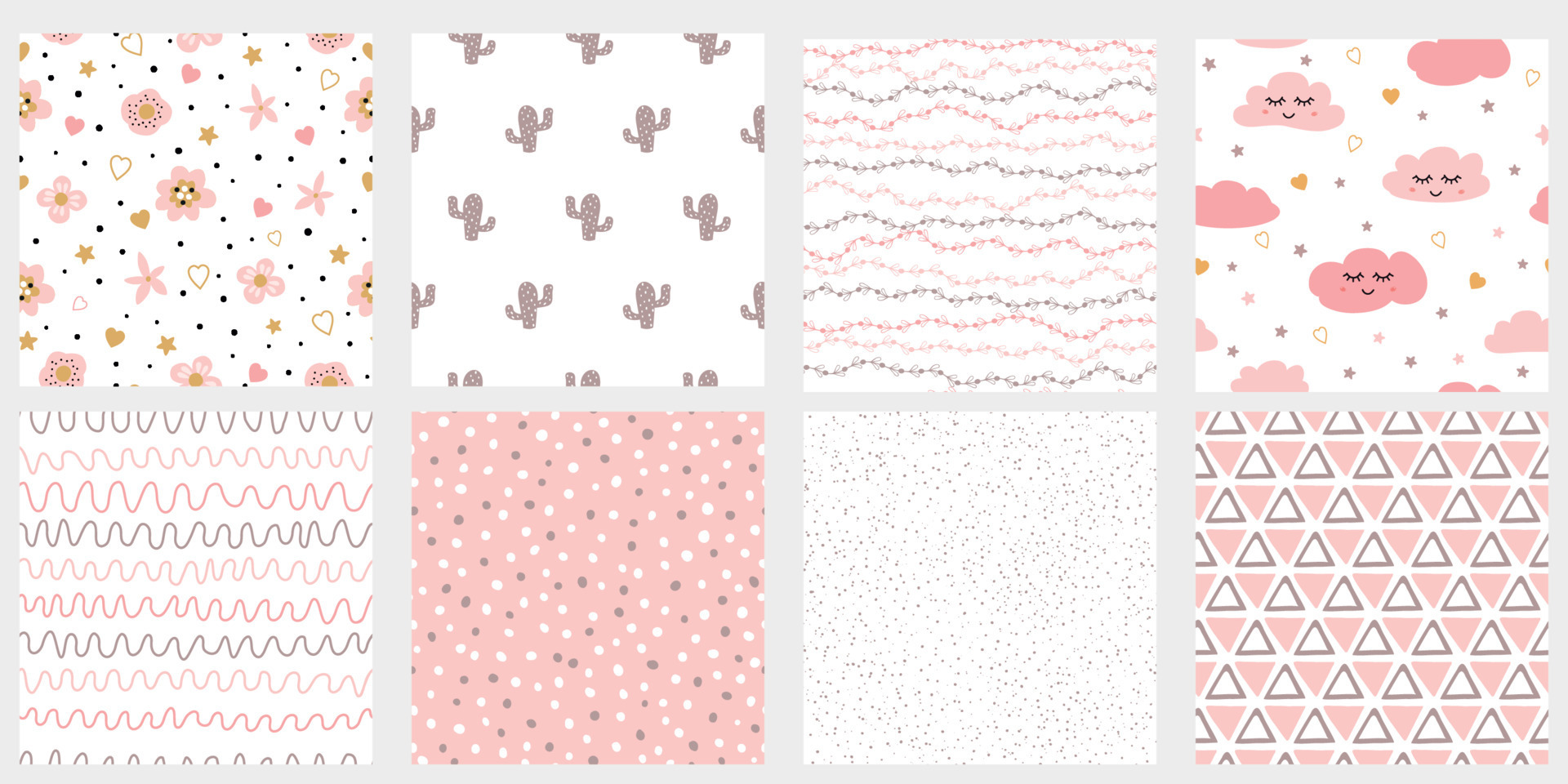 Set of cute abstract hand drawn pink seamless patterns Stripes flowers clouds cactus points ...