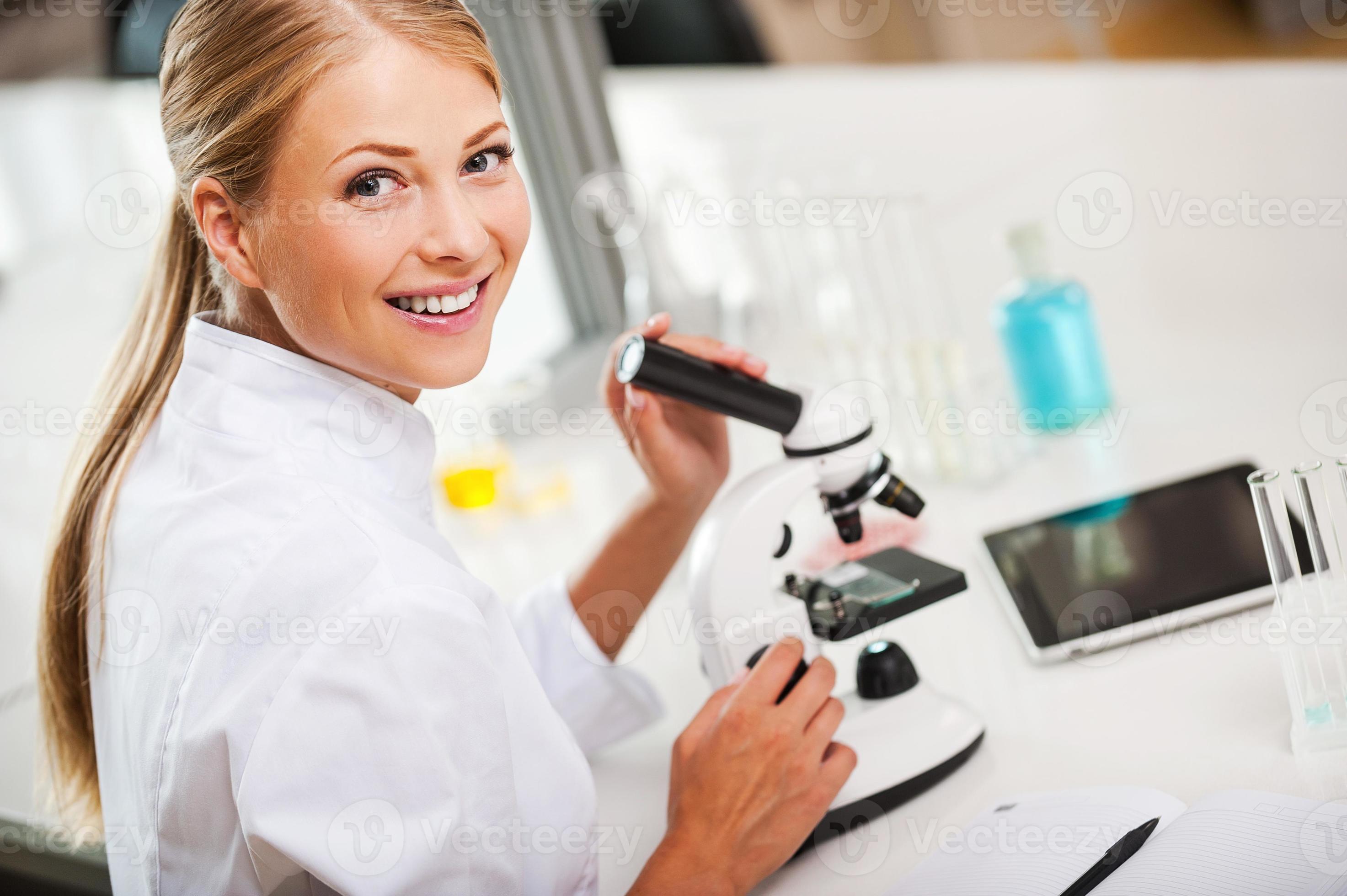 Lovely Day In The Laboratory Top View Of Smiling Young Female